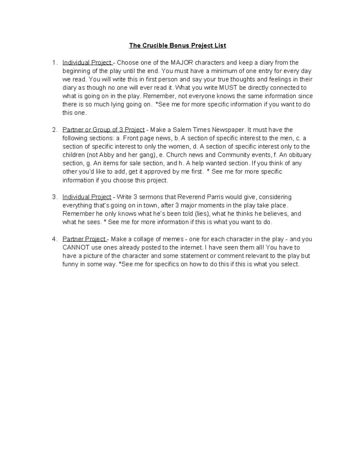 The Crucible Bonus Project Ideas for Individual & Group Work - Studocu