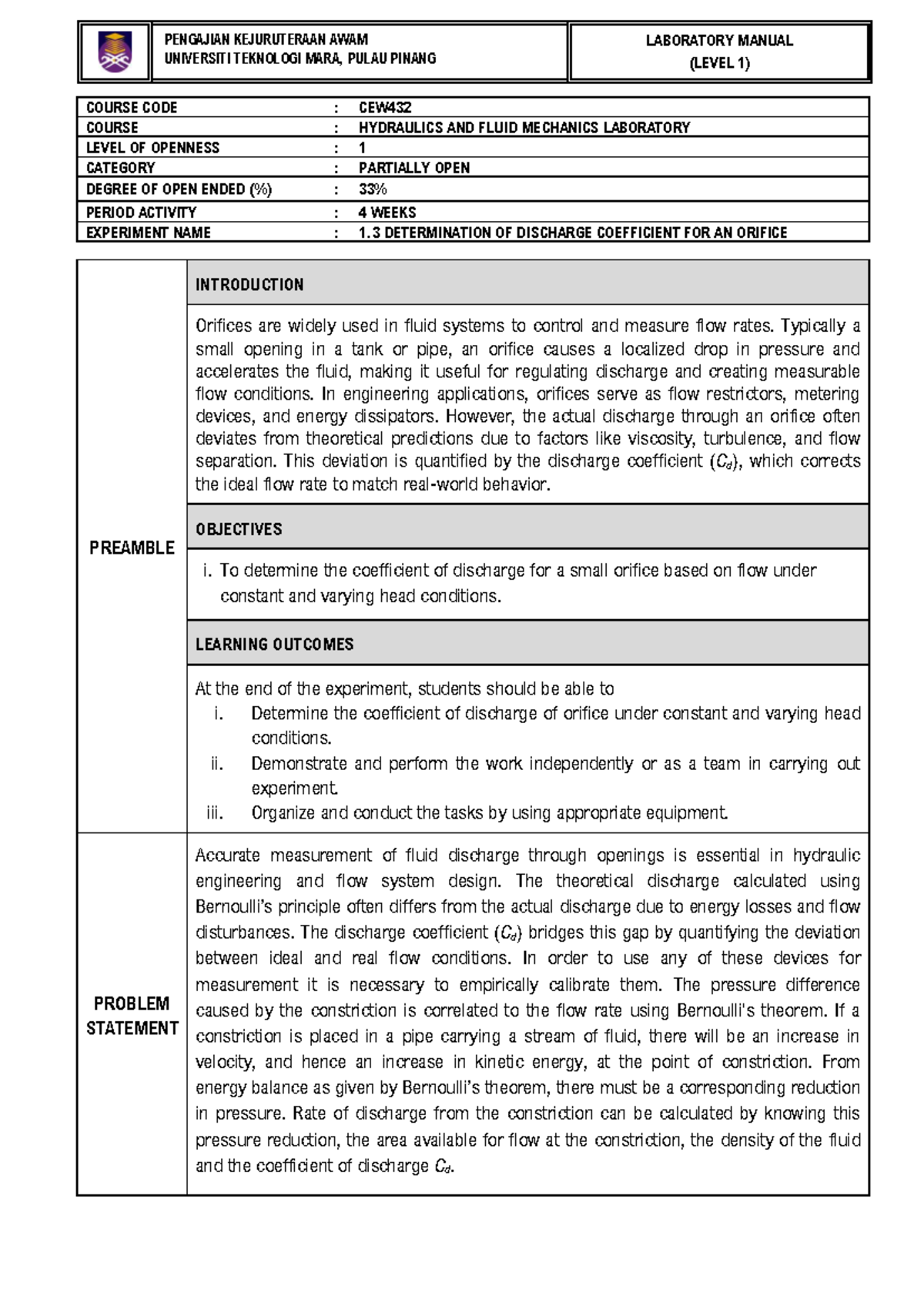 CEW432 Lab Manual: Determining Orifice Discharge Coefficient - Studocu