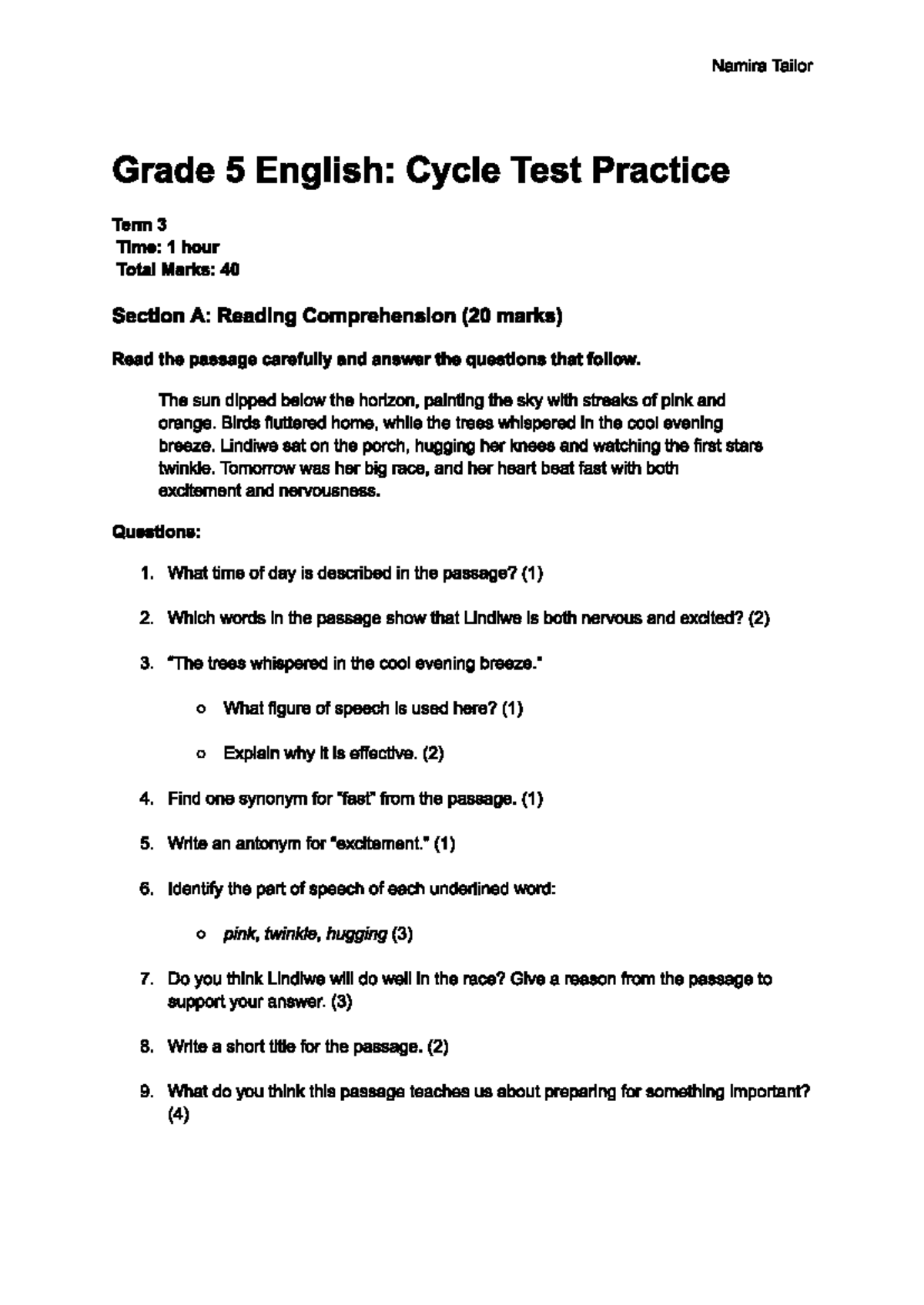 Grade 5 English Cycle Test: Comprehension Practice Term 3 - Studocu