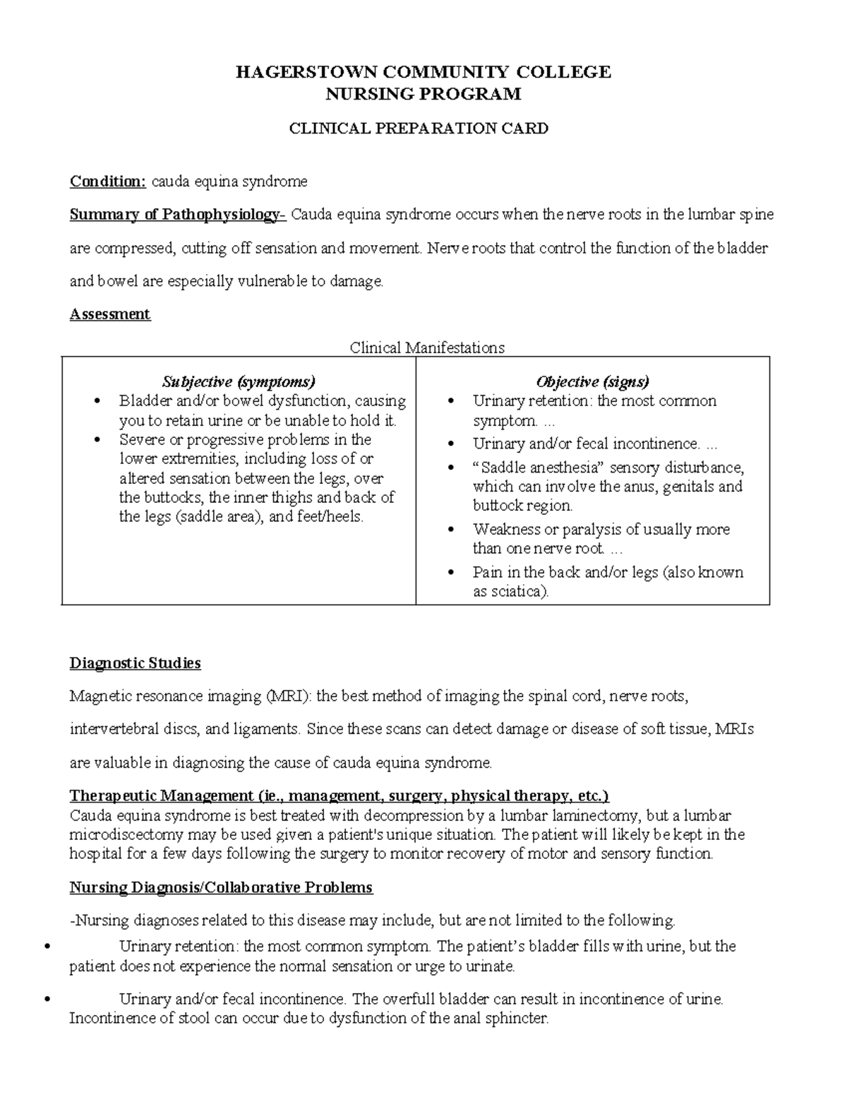NUR 201 Clinical Prep Card: Cauda Equina Syndrome Overview - Studocu