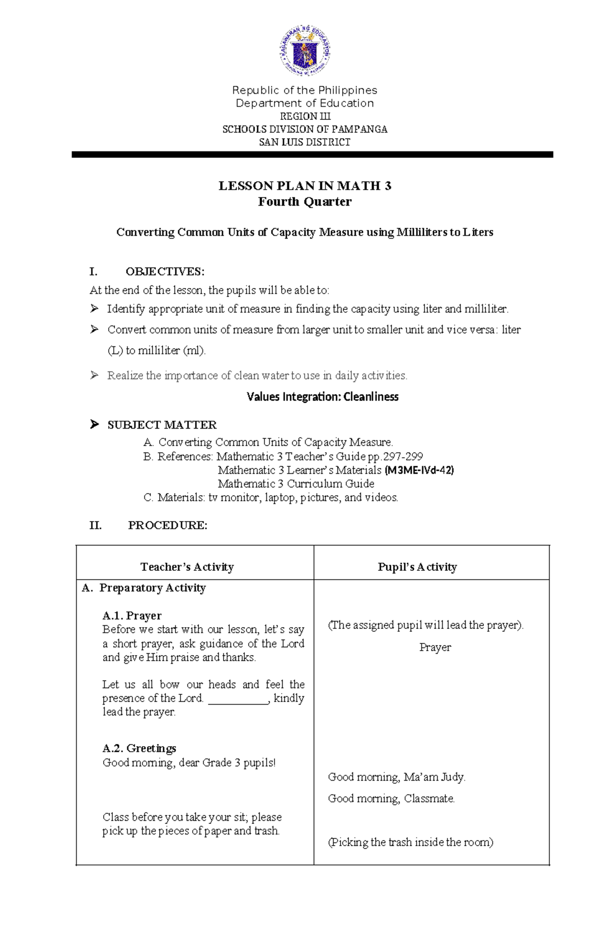 Detailed Lesson Plan for Math 3: Converting Capacity Units (L & mL ...