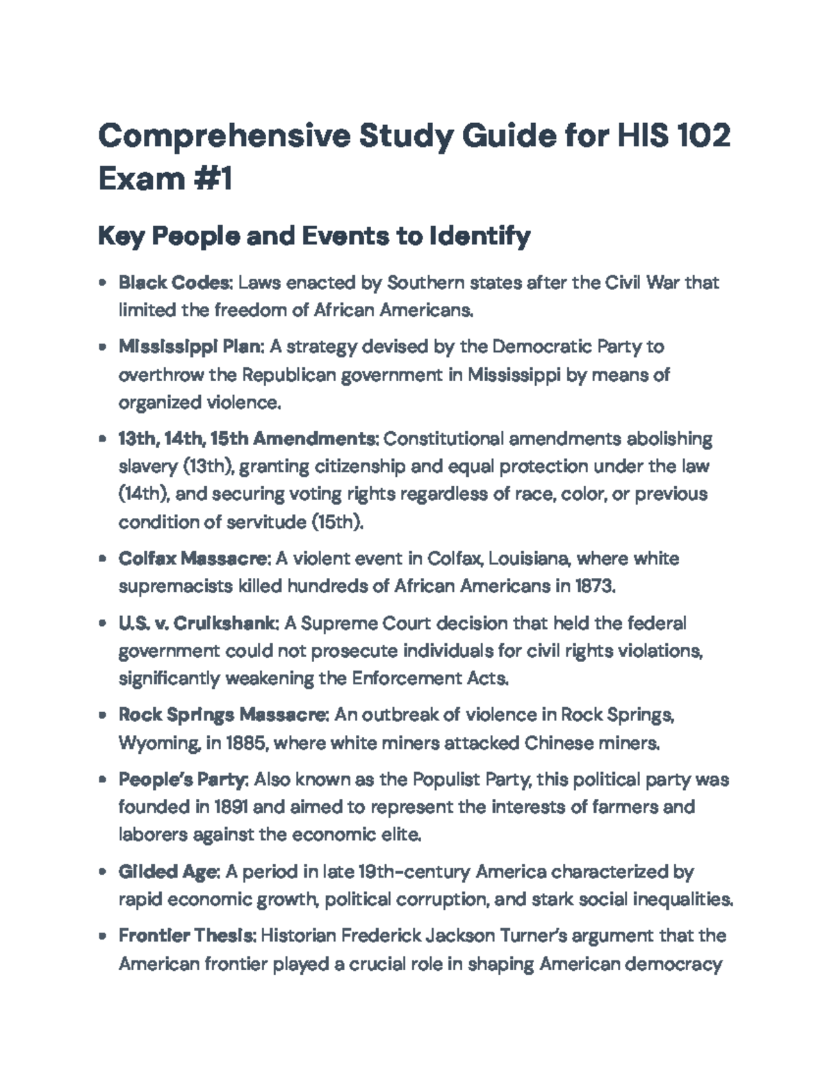 Comprehensive Study Guide for HIS 102 Exam #1: Key Events and Concepts ...