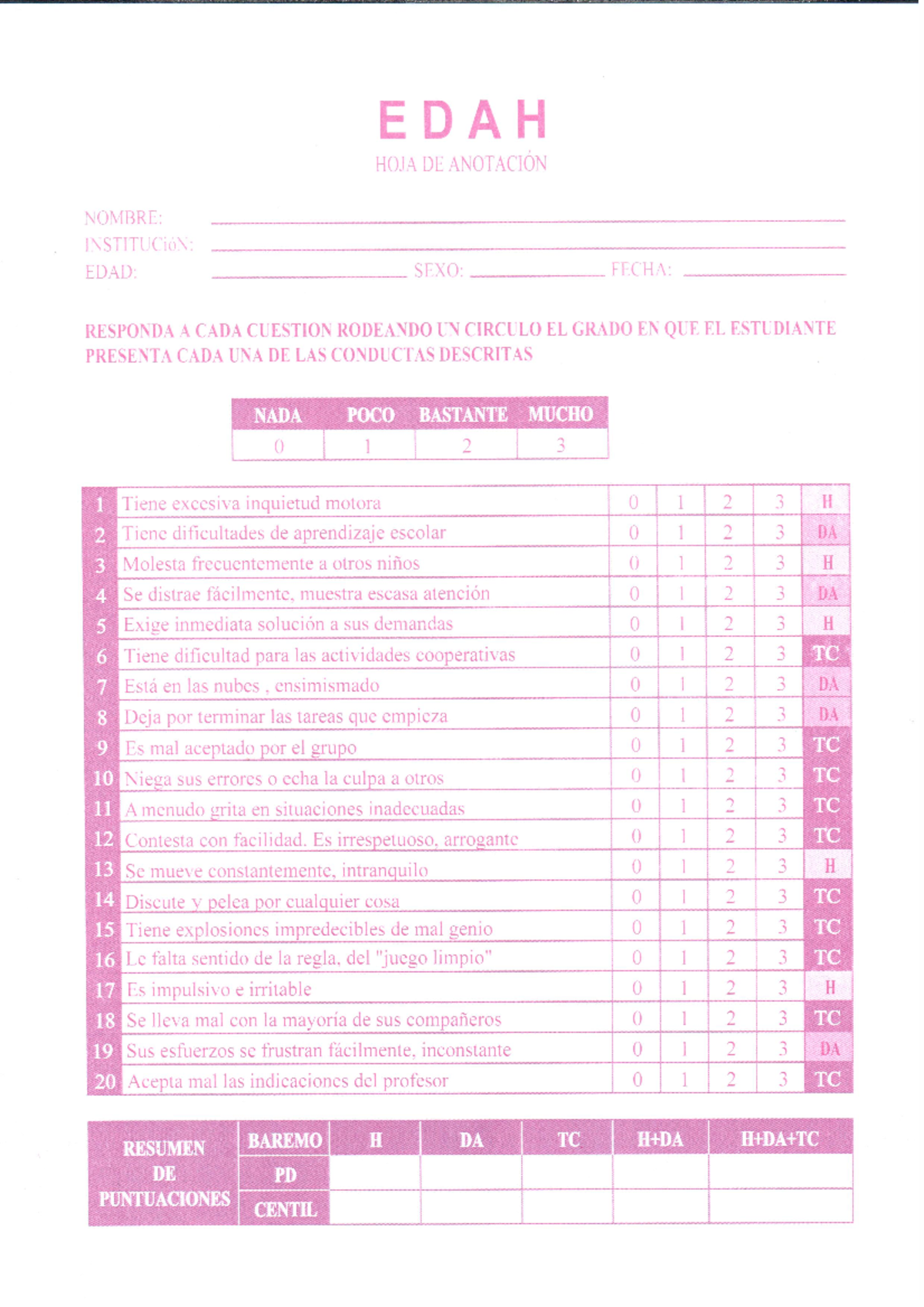 EDAH - Cuestionario de Protocolo y Baremos para TDAH - Studocu