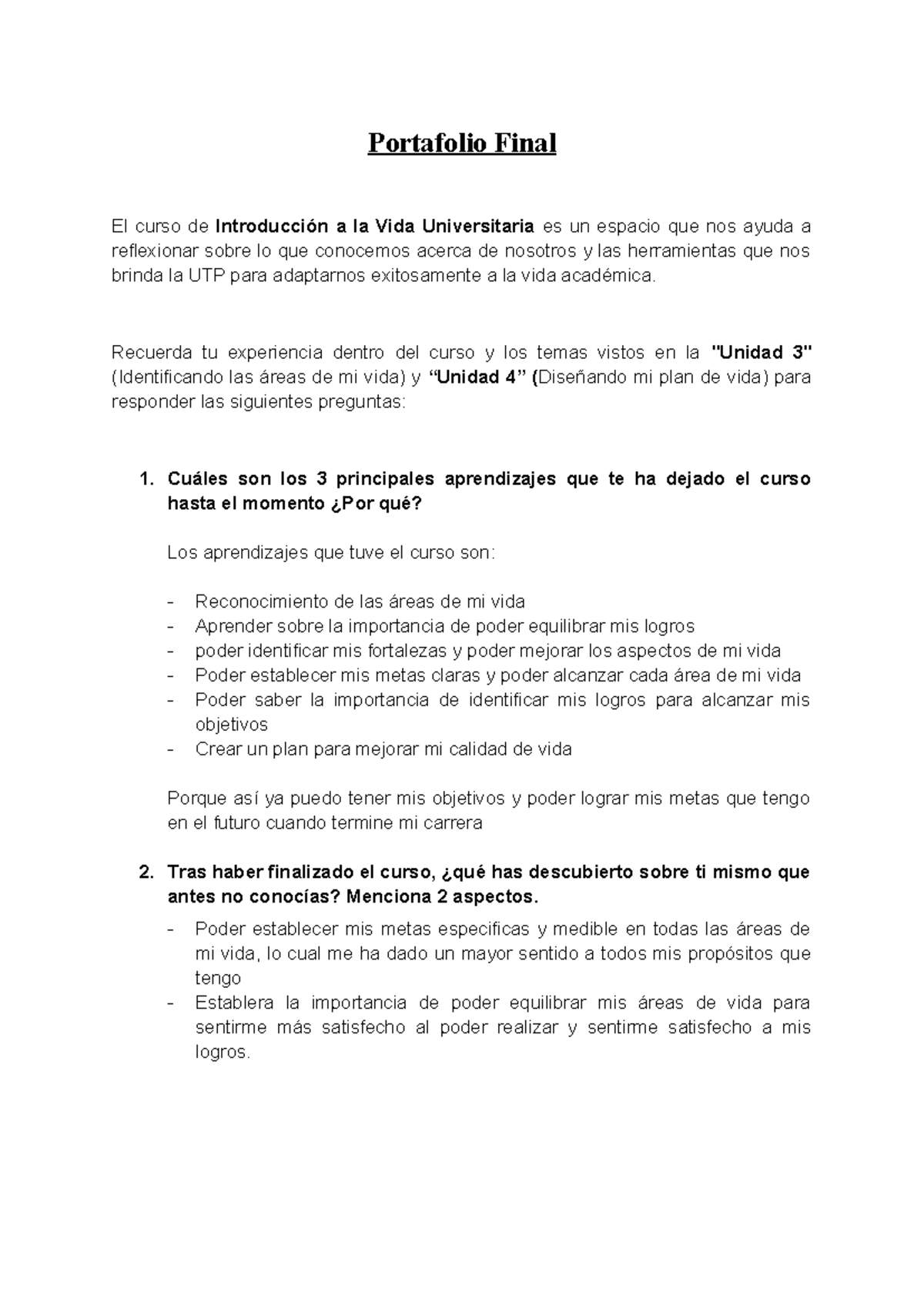 IVU Portafolio Final: Reflexiones sobre la Vida Universitaria - Studocu