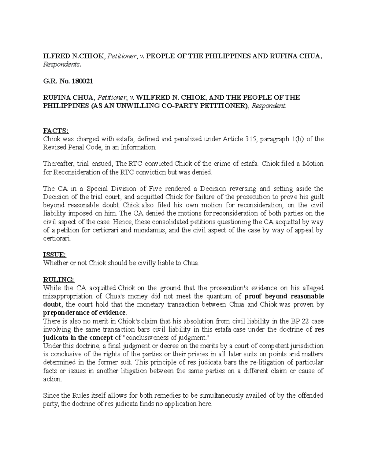 Chiok vs. Chua: Criminal Procedure and Civil Liability Analysis - Studocu