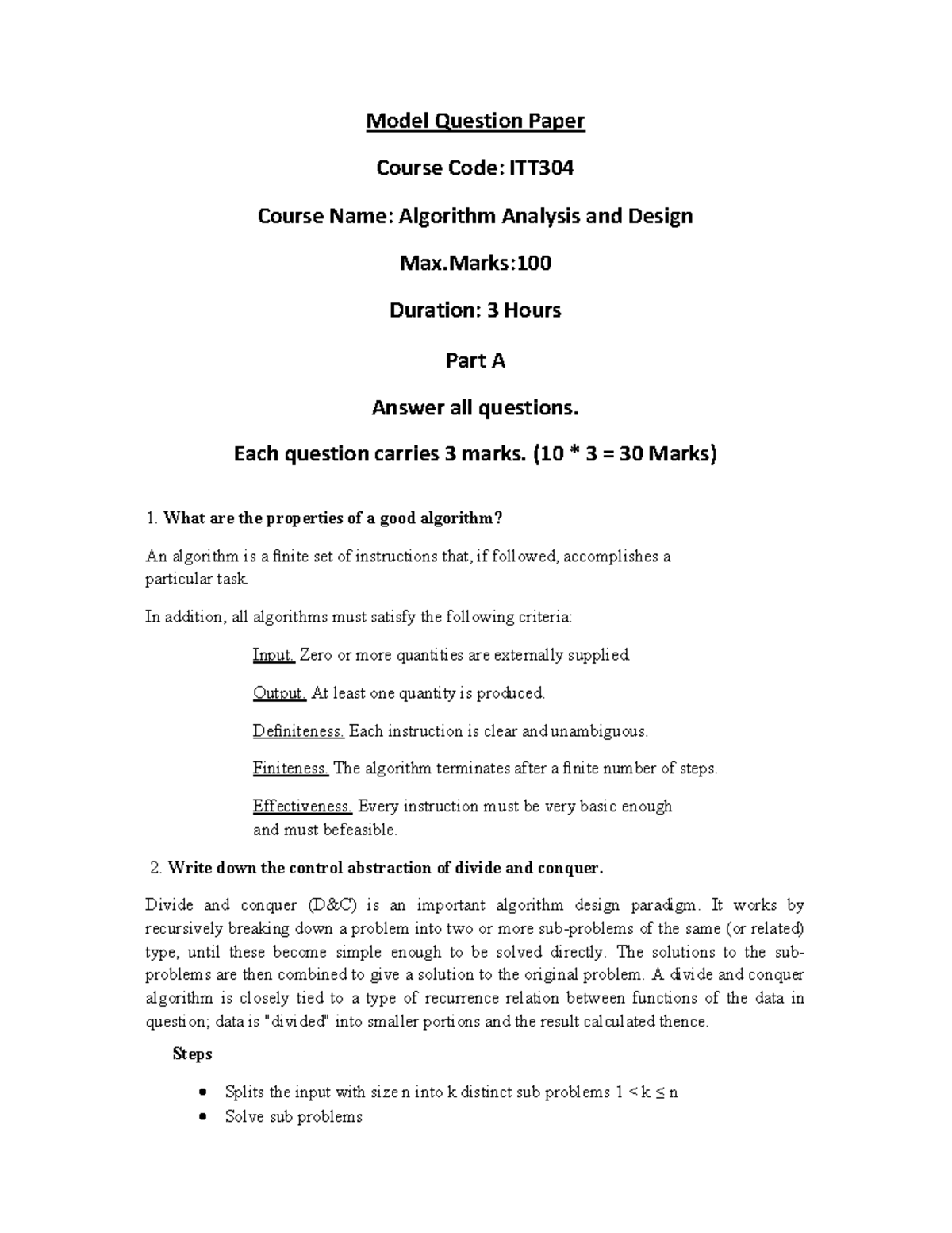 Model Question Paper: ITT304 - Algorithm Analysis & Design - Studocu