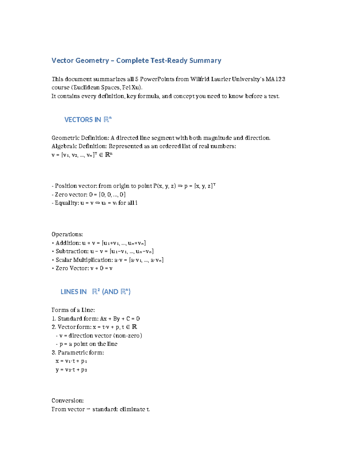 Vector Geometry MA123 Test Summary and Key Concepts - Studocu