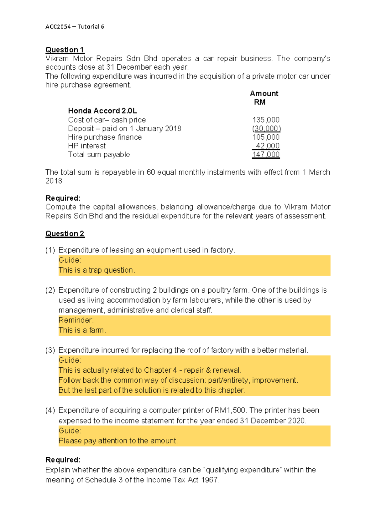 ACC2054 MTS Tutorial 6 Q1 & Q2: Capital Allowances & Expenditure ...