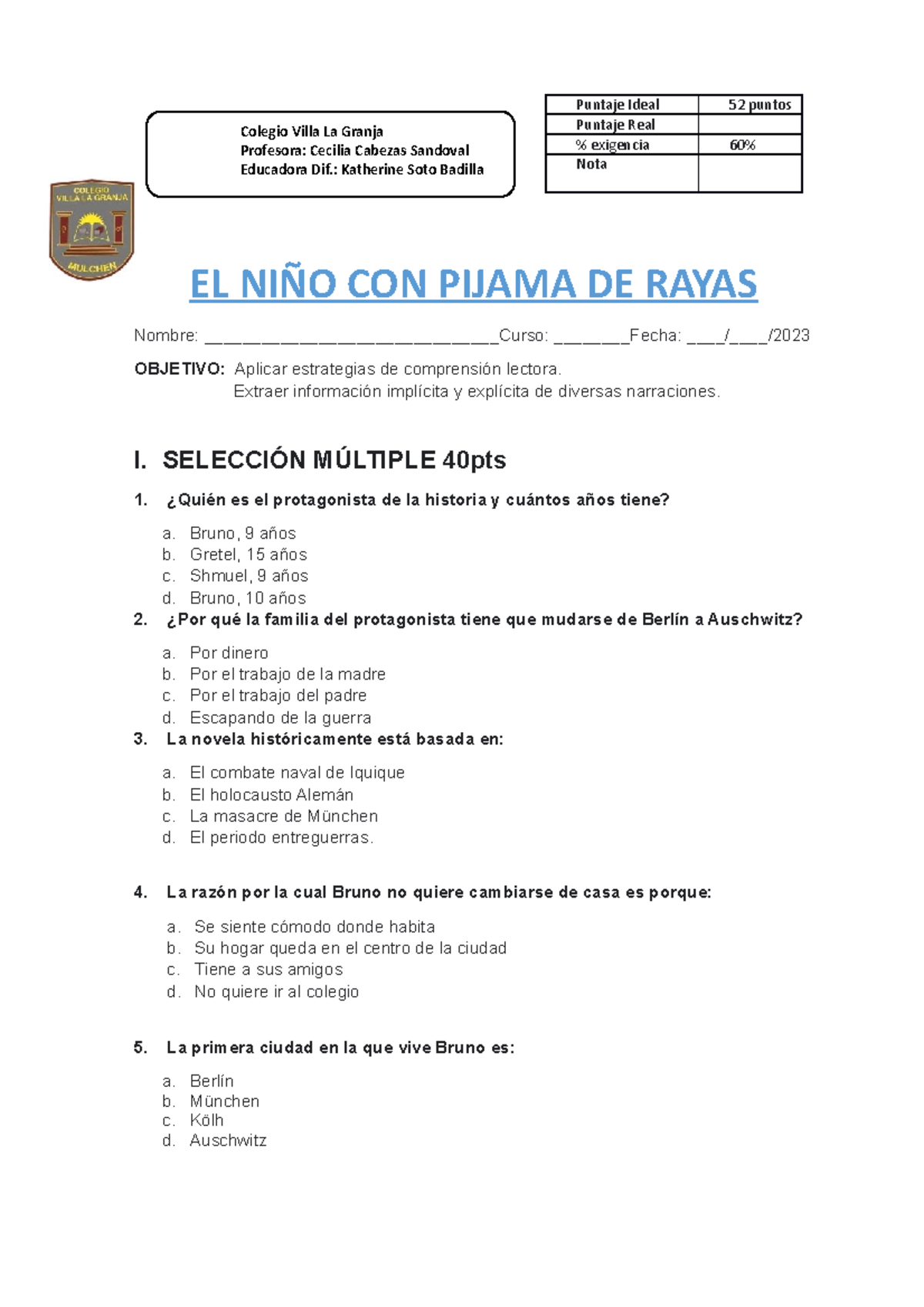 EV. Evaluación del Texto "El Niño con Pijama de Rayas" - 40 Pts - Studocu
