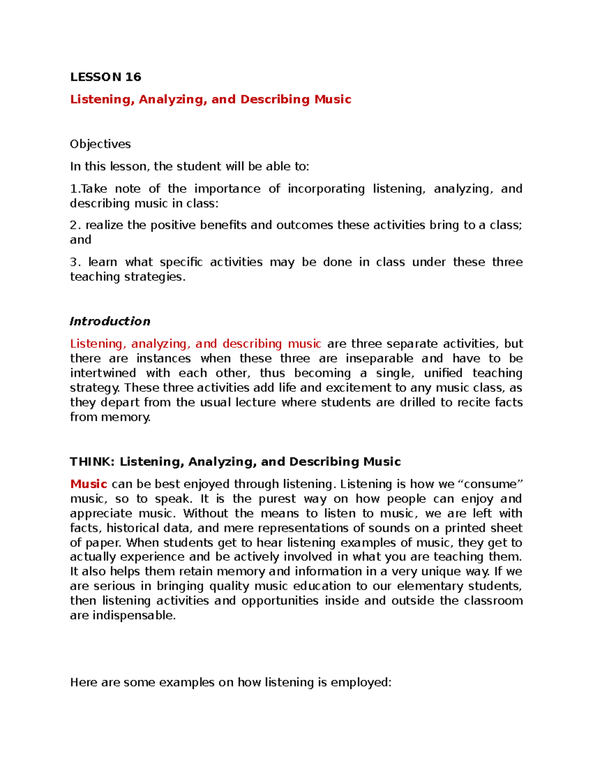 Lesson 16: Music Listening, Analysis, and Description Techniques - Studocu