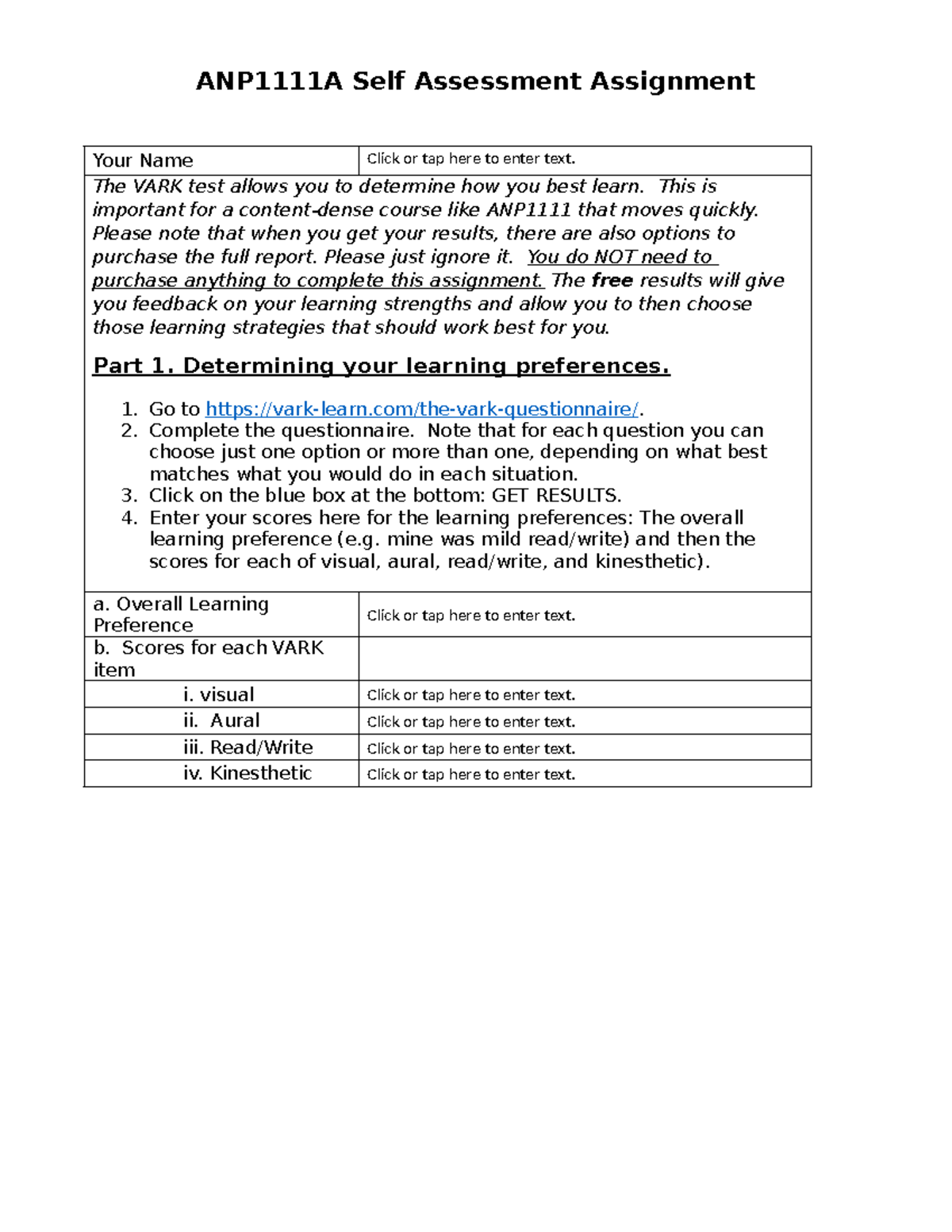 ANP1111 A Self-Assessment Assignment: Understanding VARK Learning ...