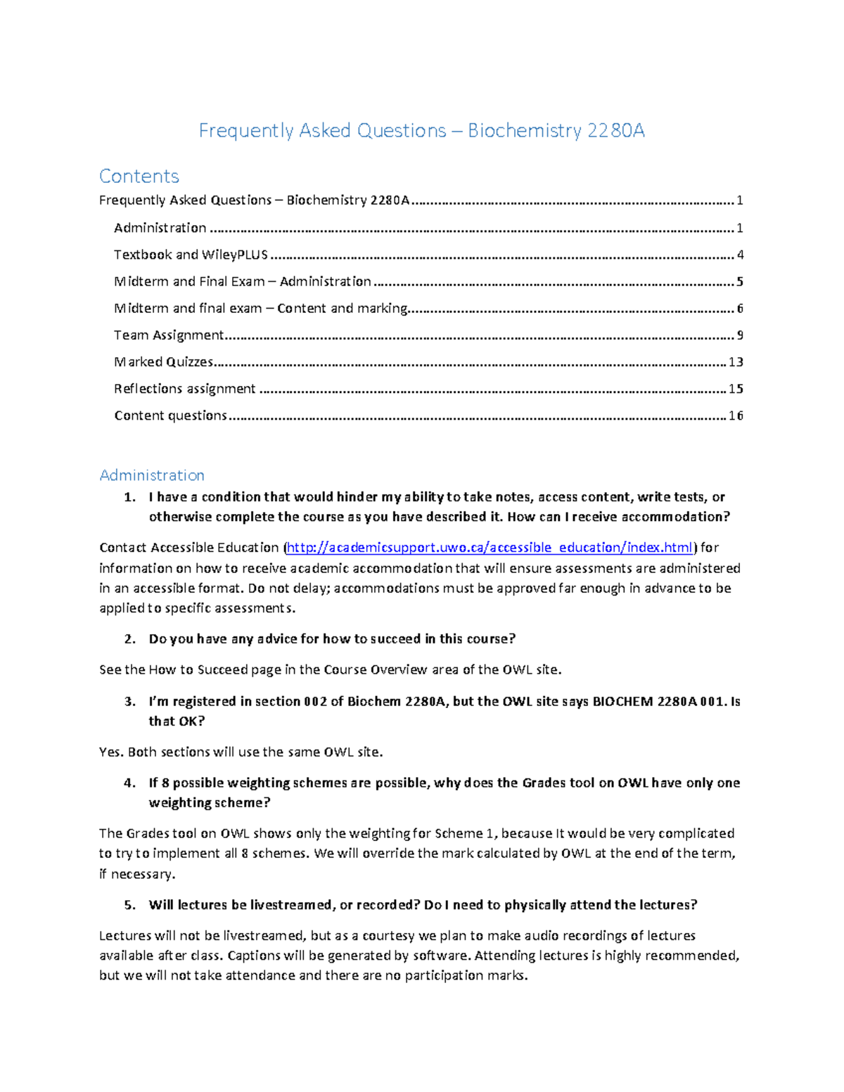 FAQs for Biochemistry 2280A - Course Information and Exam Guidelines ...