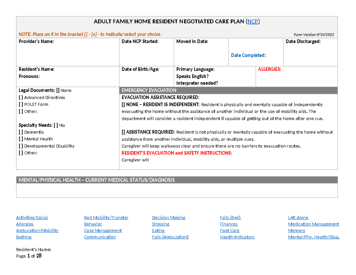AFH HCS NCP-Template for Resident Care Plan Documentation - Studocu