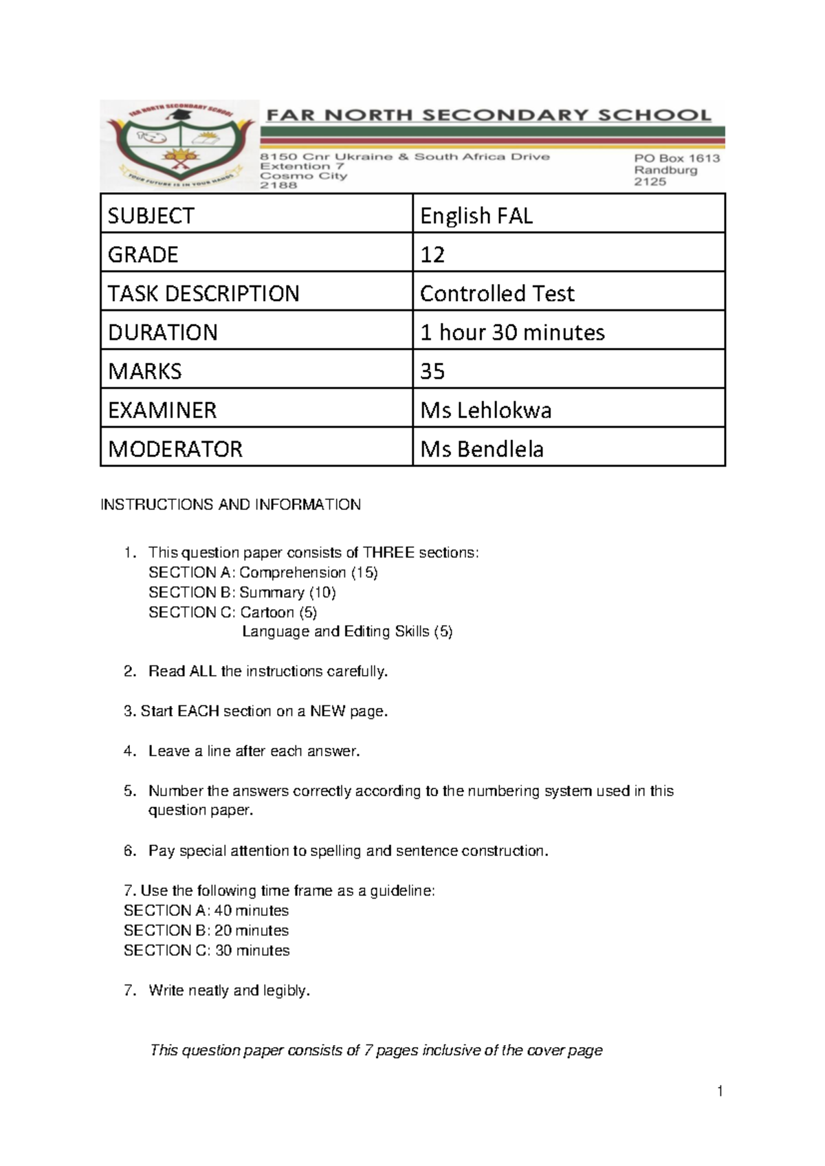 English FAL Grade 12 Controlled Test 1 Question Paper (35 Marks) - Studocu