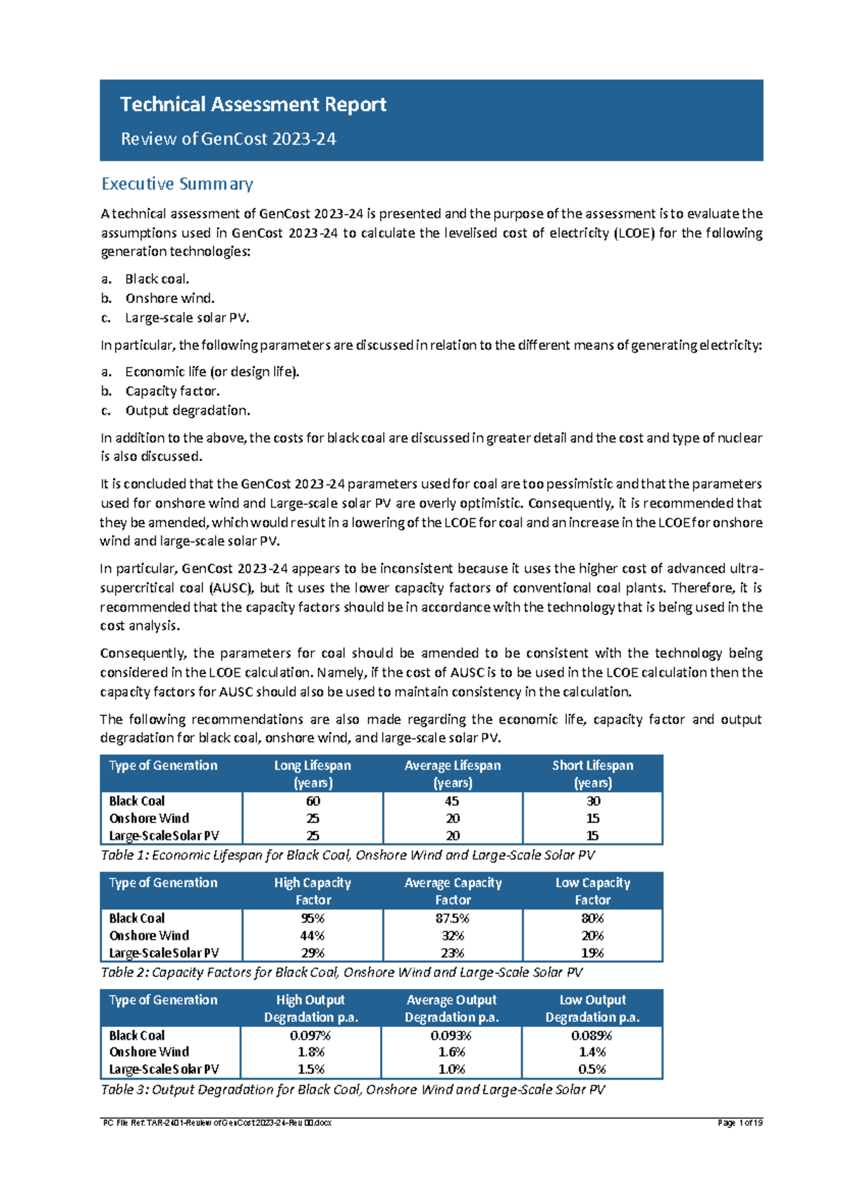 Technical Assessment Report Review of GenCost: LCOE Analysis and Recommendations - Studocu