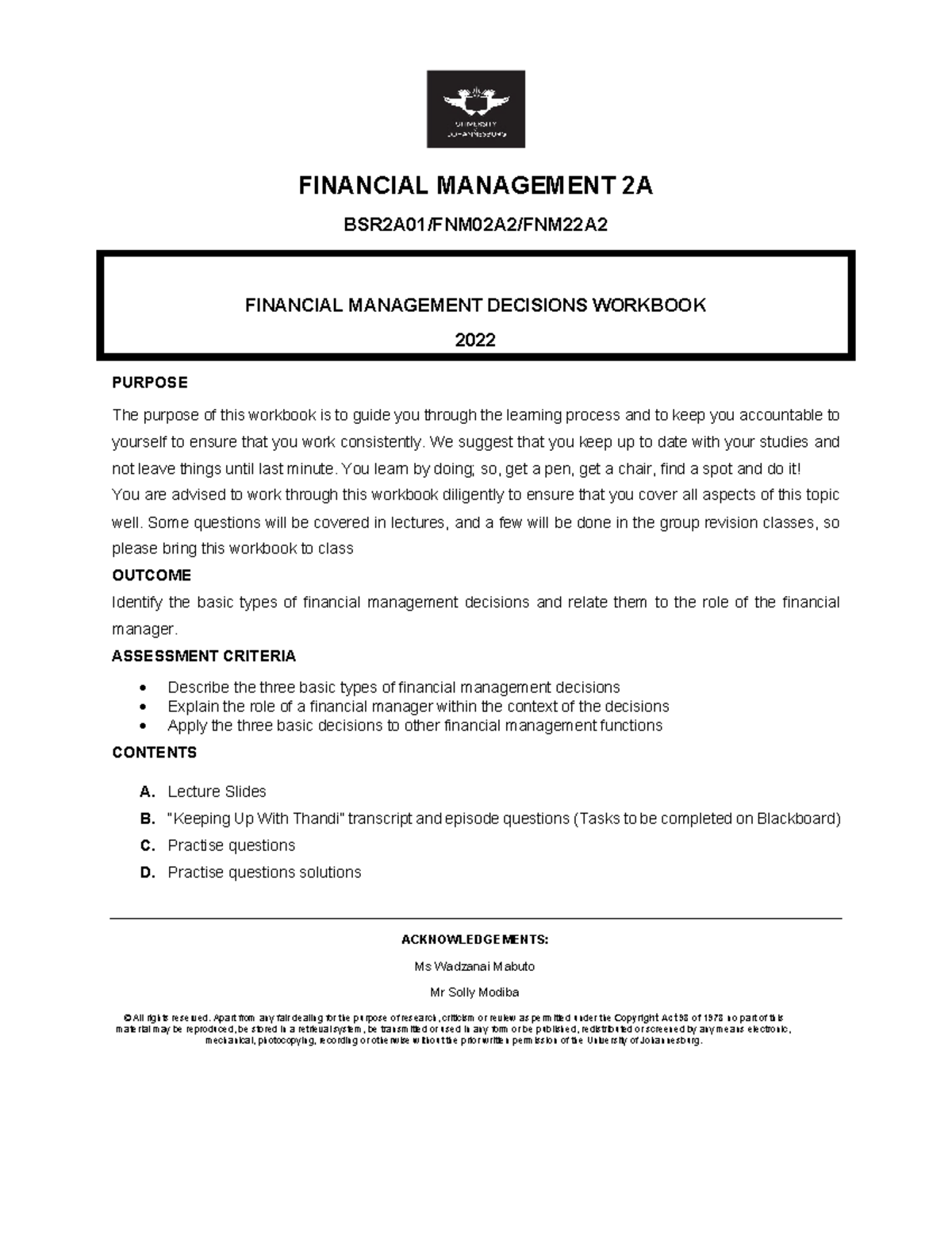 Unit 1 Workbook - LECTURE notes - FINANCIAL MANAGEMENT 2A BSR2A01 ...