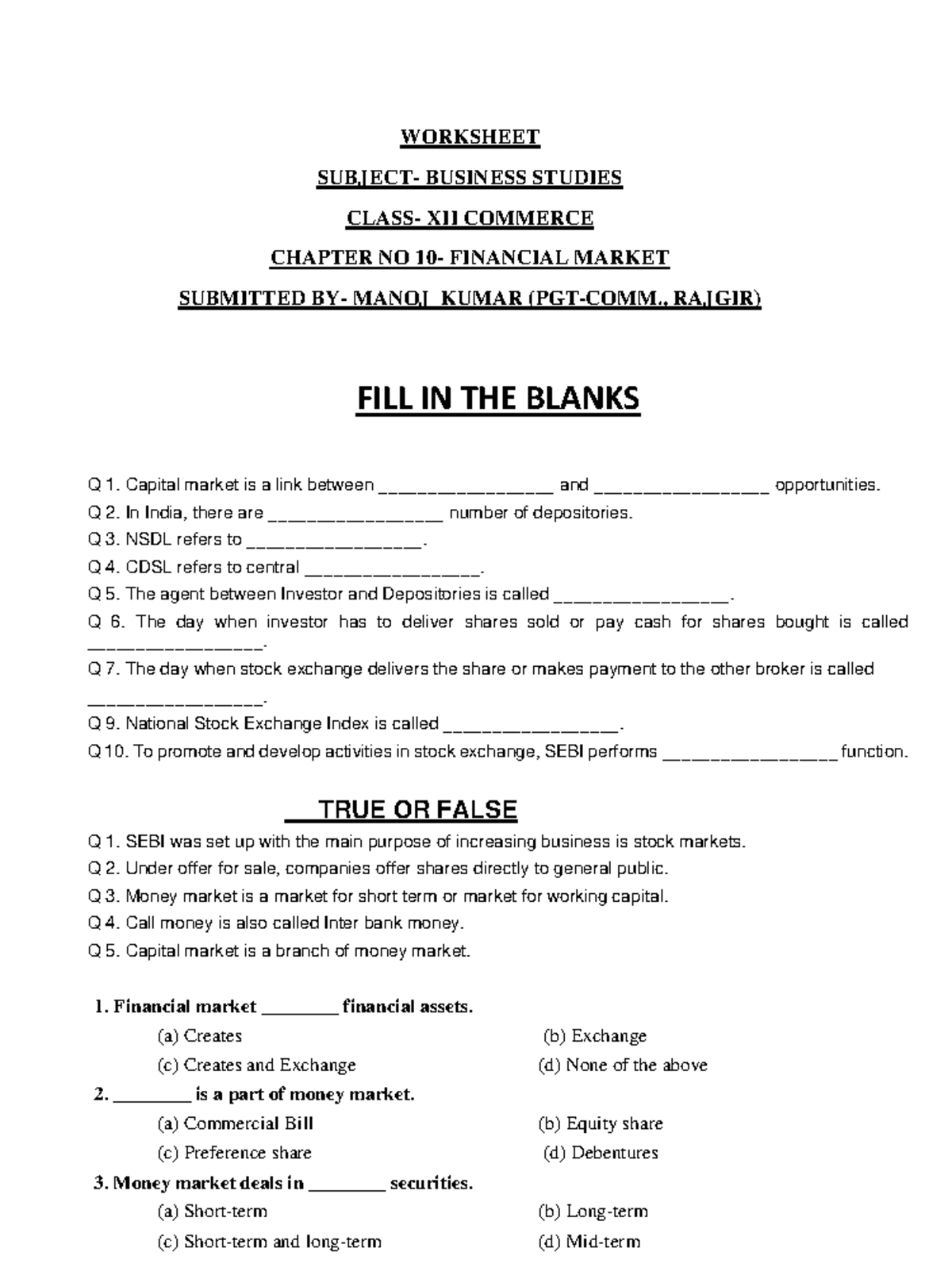 Business Studies XII Commerce Worksheet: Financial Market MCQs - Studocu