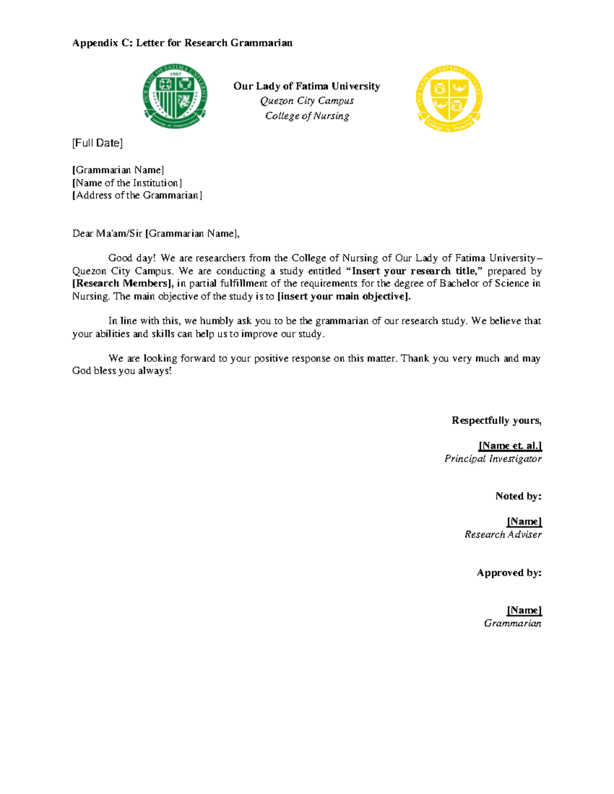 Appendix C: Request Letter for Research Grammarian - BSN Program - Studocu