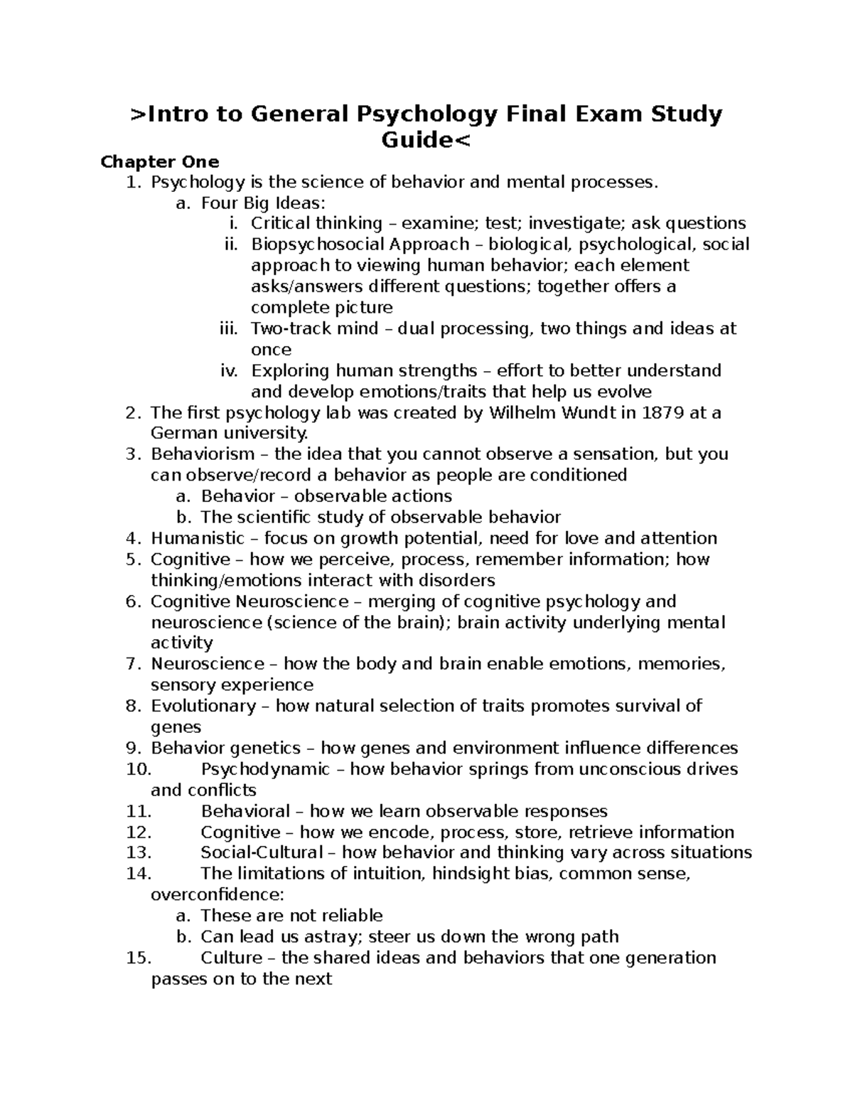 Intro to General Psychology Final Exam Study Guide - Studocu