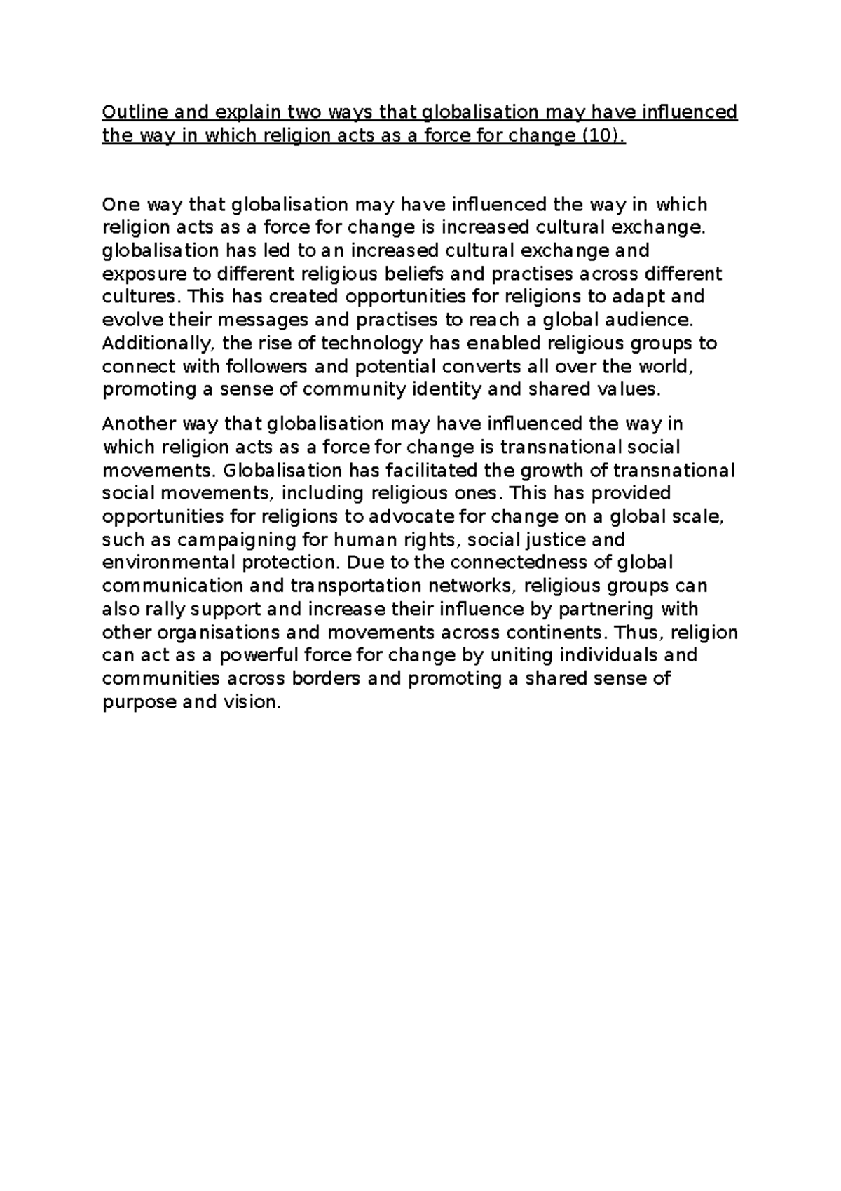 Globalisation's Impact on Religion as a Force for Change (10) - Studocu