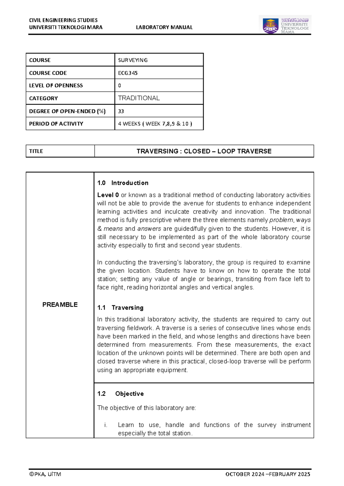 CIVIL ENGINEERING LAB MANUAL: CLOSED LOOP TRAVERSE (ECG345) - Studocu