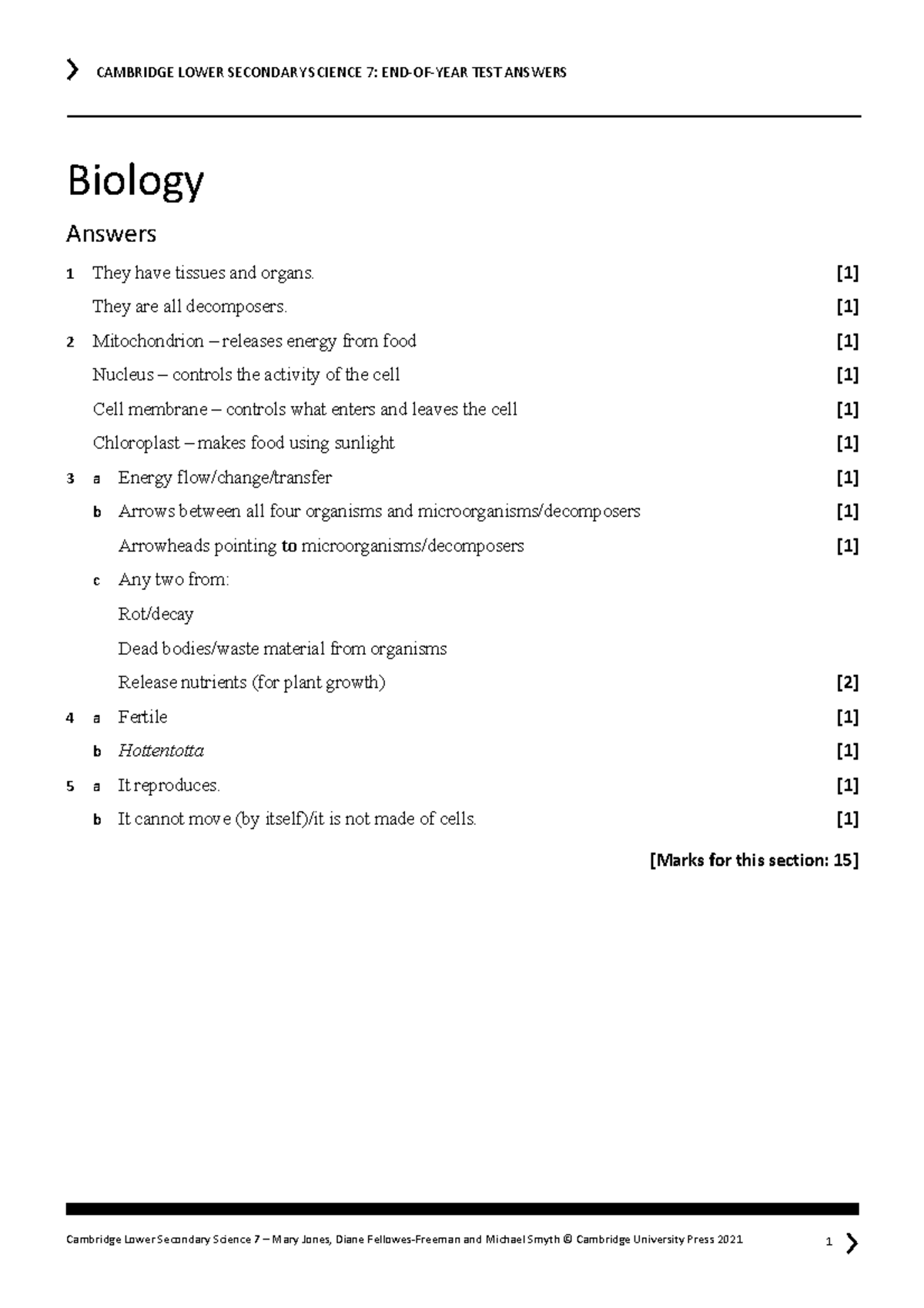 Cambridge Lower Secondary Science 7: End-of-Year Test Answers - Studocu