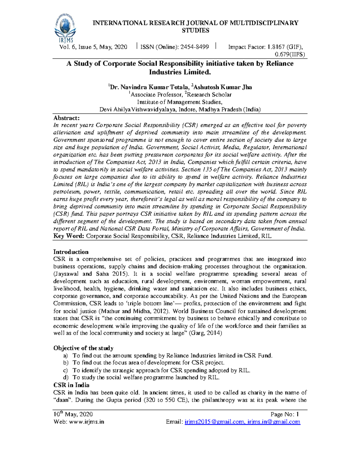 A Study on CSR Initiatives by Reliance Industries Limited (IM-2020 ...