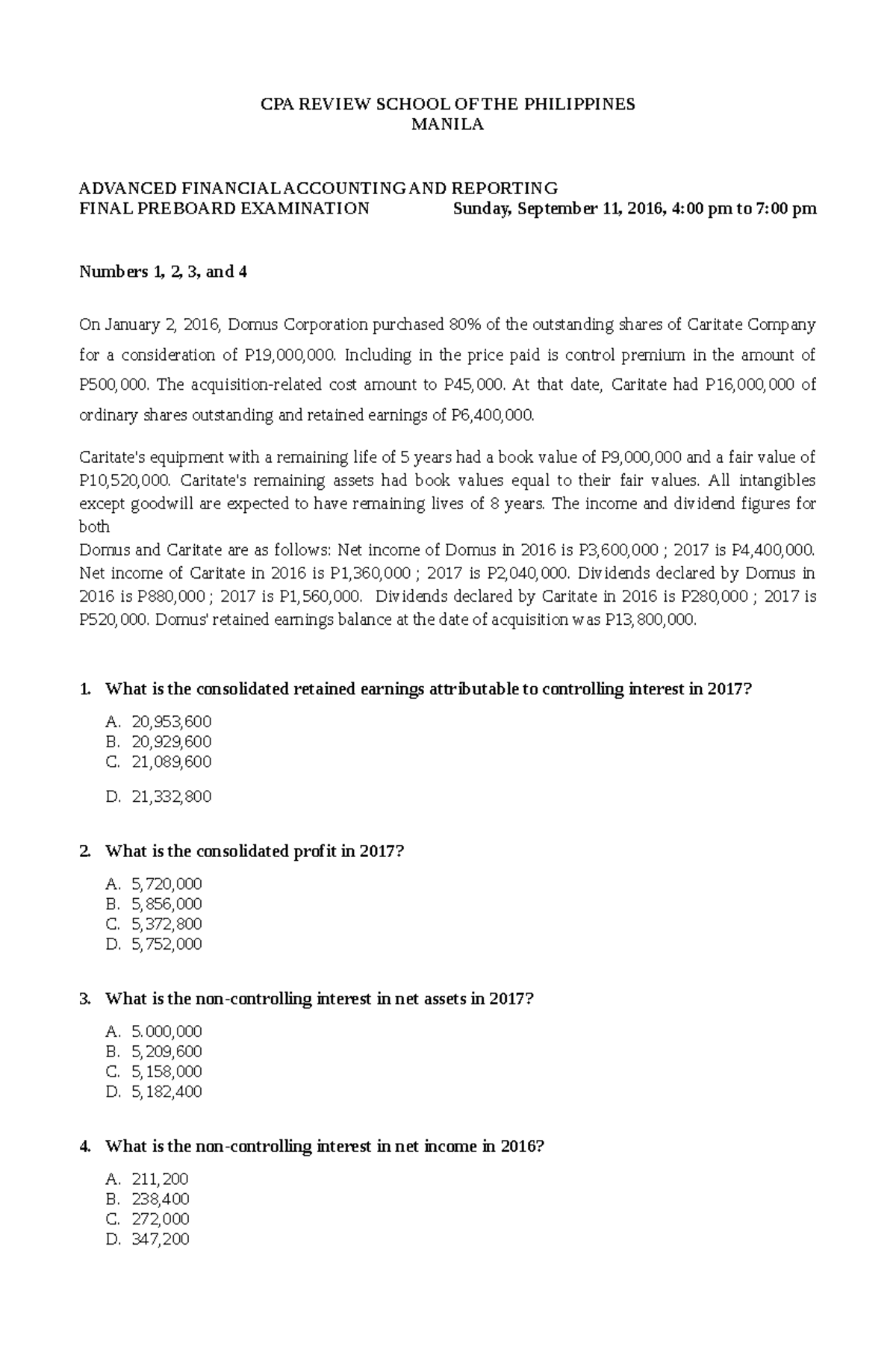 October 2016 Advanced Financial Accounting Reporting Final Preboard ...