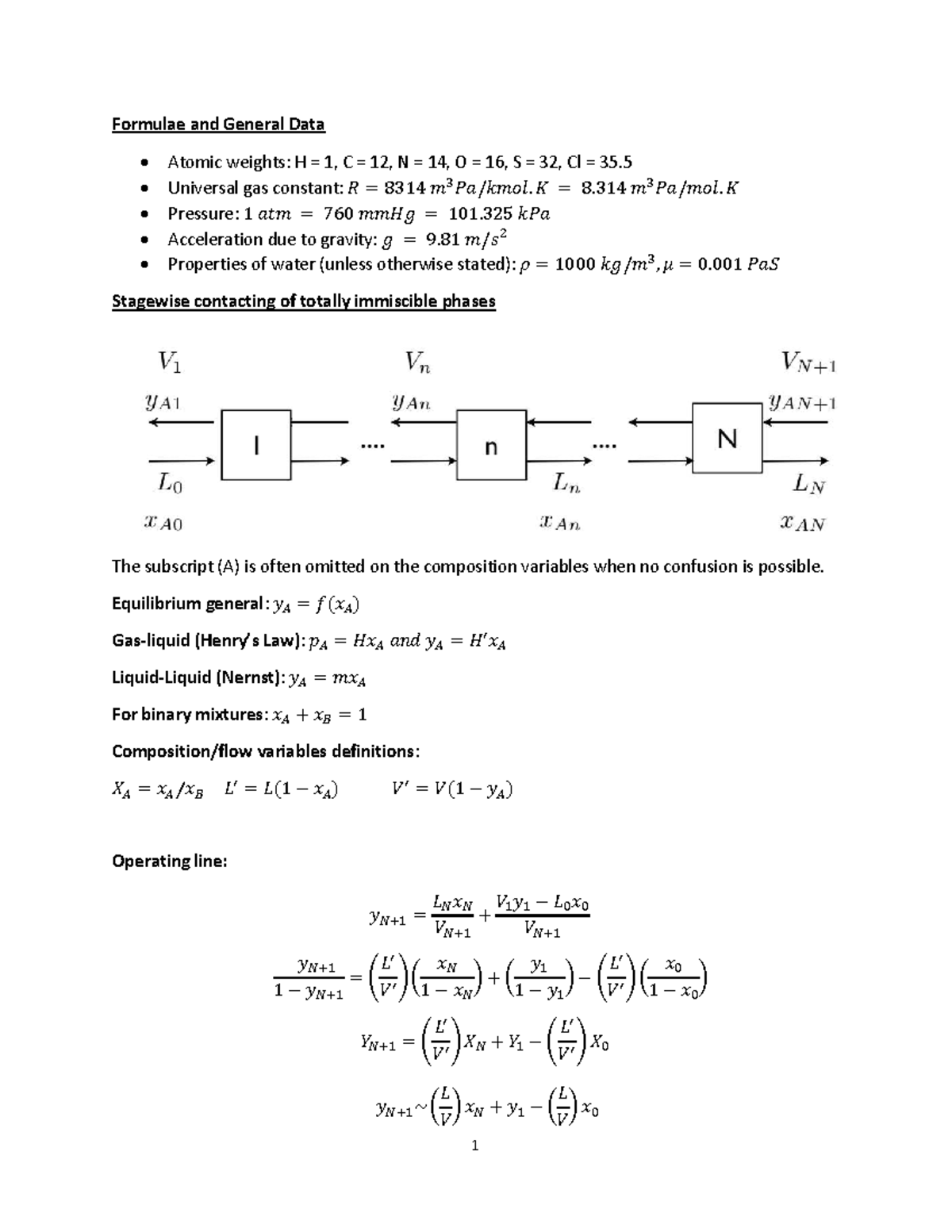 CHE3165 Formula Sheet - Final Exam Notes on Mass Transfer - Studocu