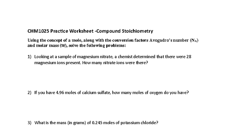 CHM1025 Practice Worksheet: Stoichiometry Problems Explained - Studocu