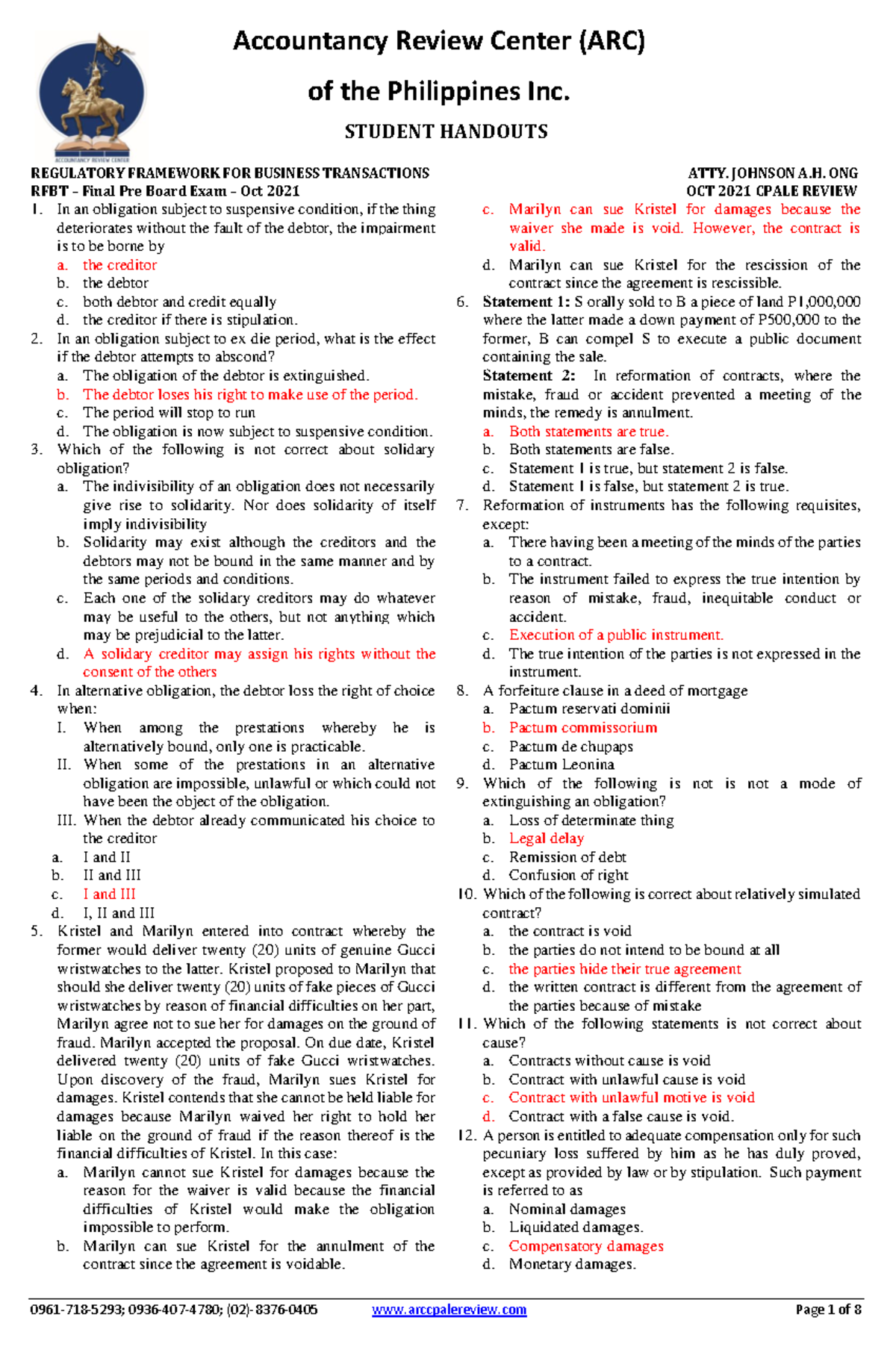ARC RFBT 2110 Final Preboard Exam Review Notes - Oct 2021 - Studocu