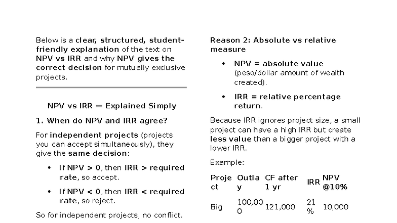 Buscom 5 - NPV vs IRR: Key Insights for Project Decisions - Studocu