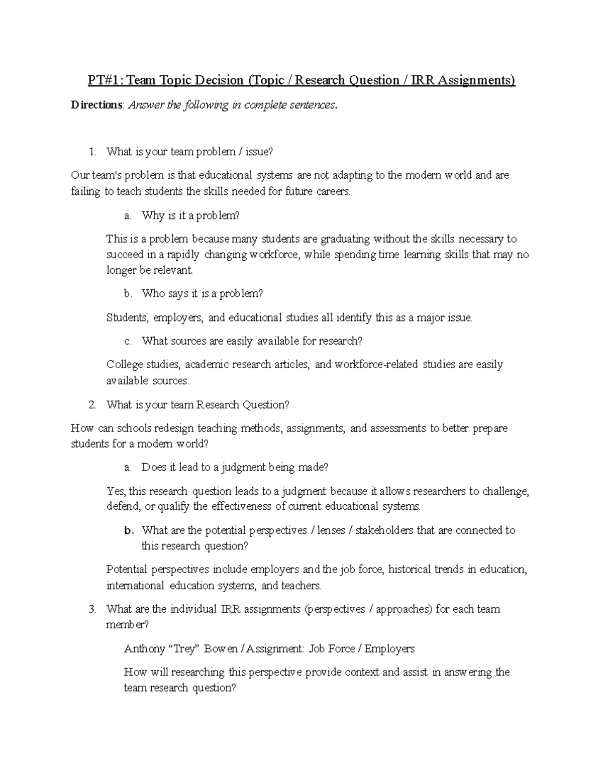 Team Topic Decision: IRR Assignments on Modern Education Challenges ...