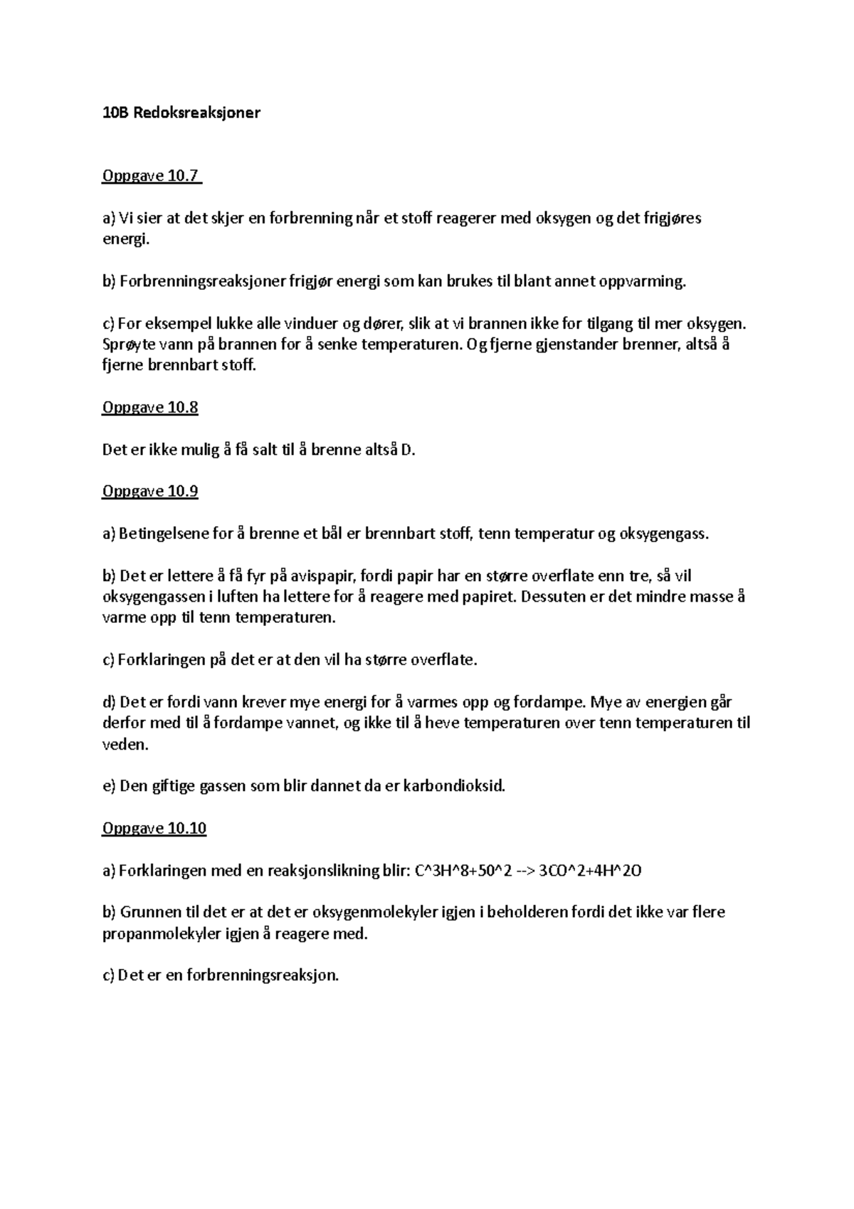 10B Redoksreaksjoner - Oppgaver og Forklaringer om Forbrenning - Studocu