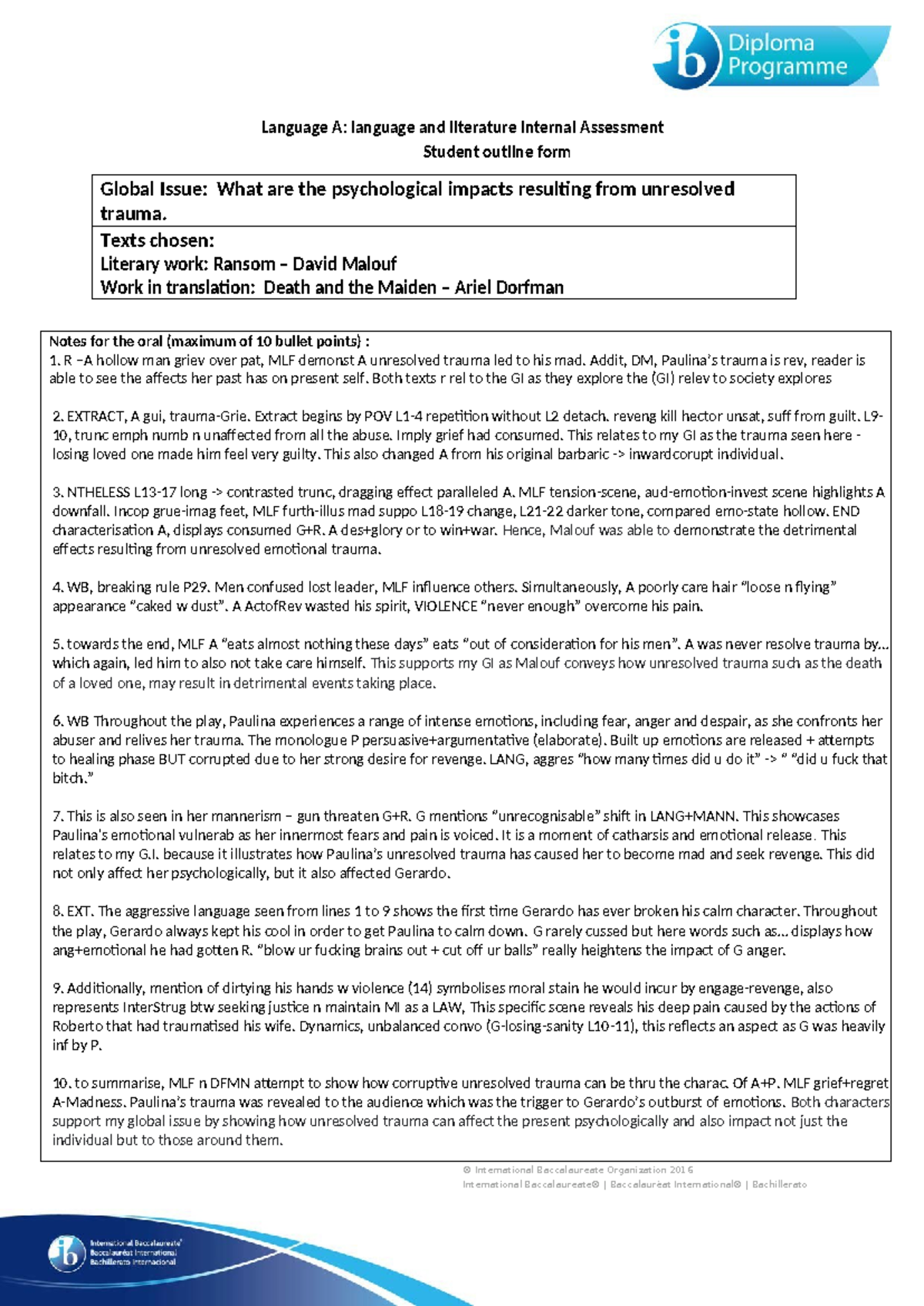 Language A: Literature Internal Assessment Outline on Trauma's ...