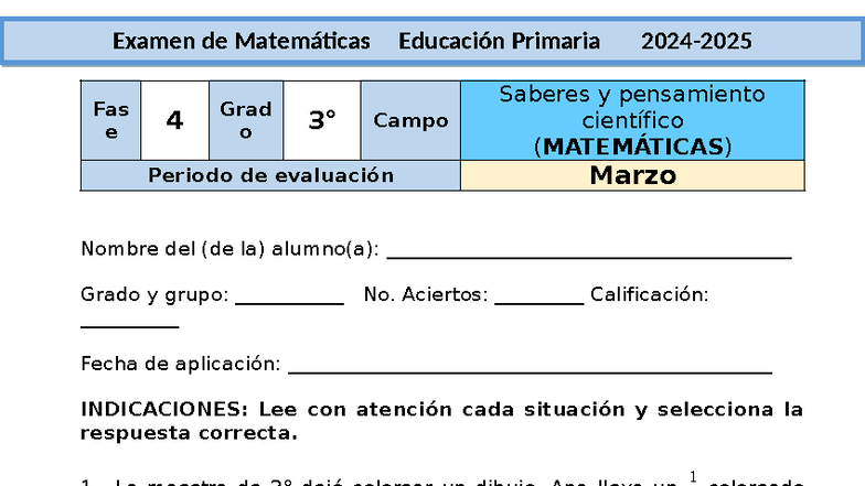 Examen de Matemáticas 3er Grado Marzo 2024-2025 - Studocu