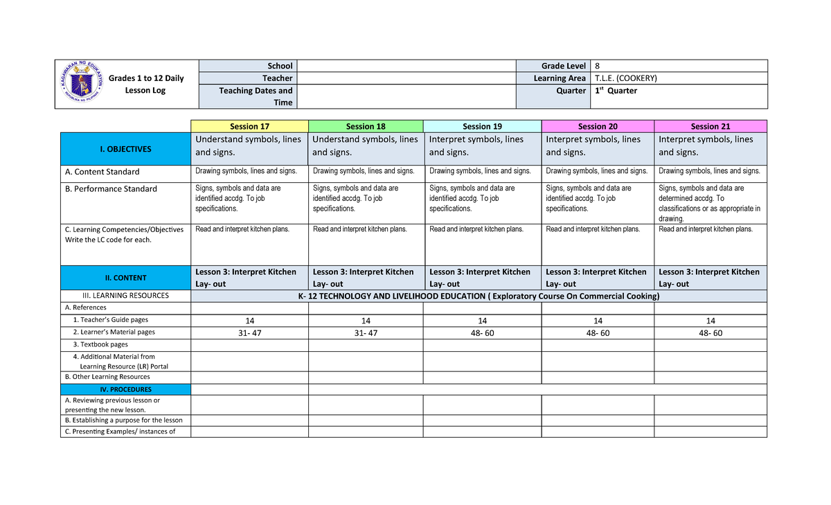DLL COOKERY 8 WEEK 1 - Grades 1 to 12 Daily Lesson Log School Grade ...