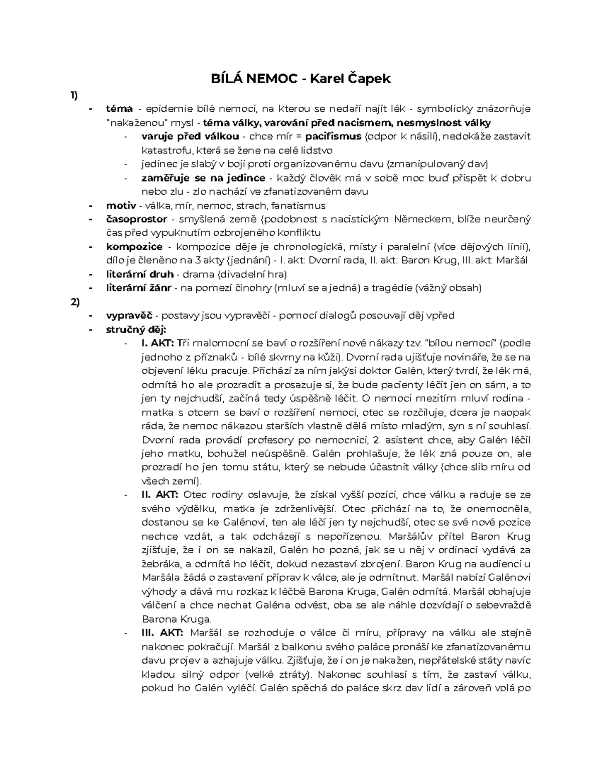 BÍLÁ NEMOC - Karel Čapek: Analýza a Poznámky k Dramatu - Studocu