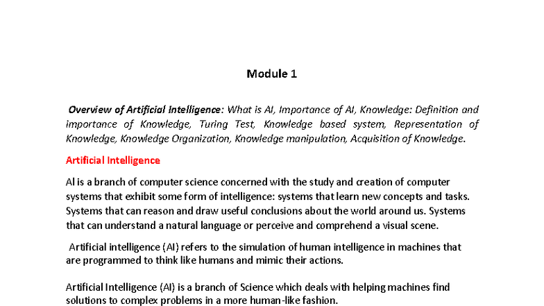 AI-Module 1: Overview of Artificial Intelligence and Knowledge Concepts ...