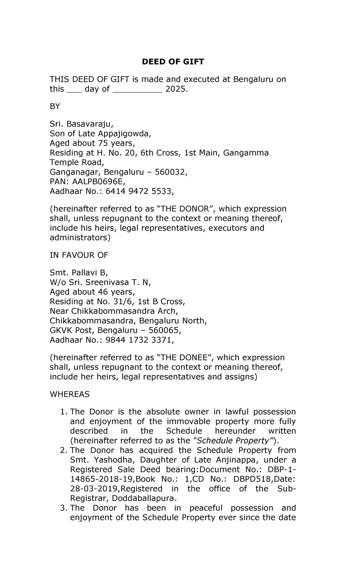 Gift Deed of Property from Sri. Basavaraju to Smt. Pallavi B - Studocu