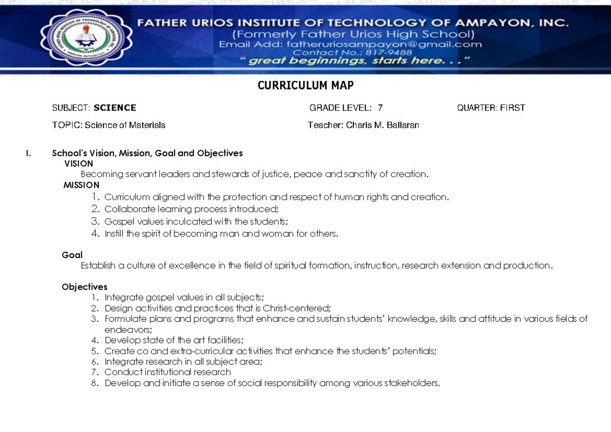 Curriculum Map for Science 7: Exploring the Science of Materials - Studocu