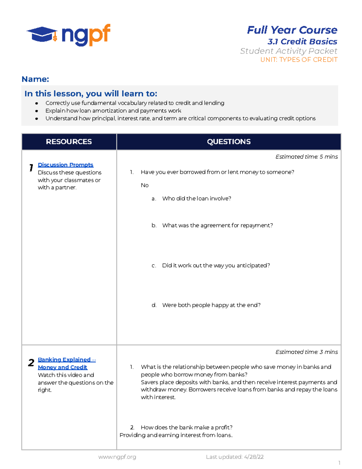 Personal Finance 3.1 - Full Year Course 3 Credit Basics Student ...
