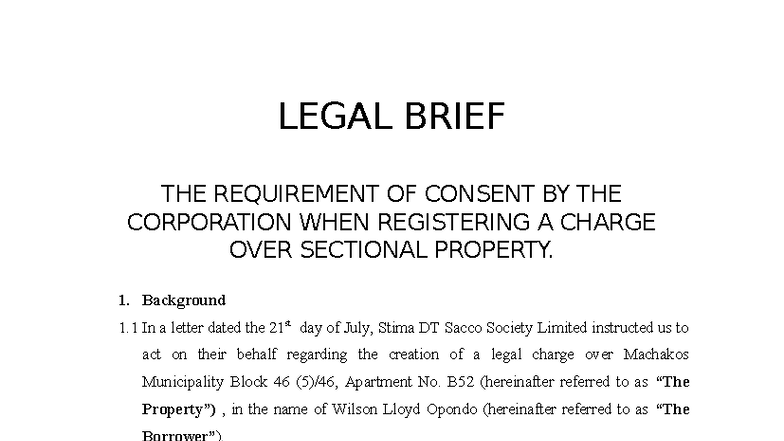 Legal Brief: Consent to Charge in Sectional Property Registration - Studocu