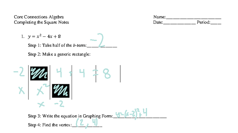Core Connections Algebra: Completing the Square Notes - Studocu