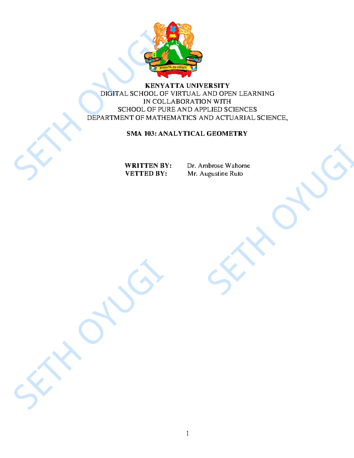 SMA 103: Analytical Geometry Course Overview and Learning Outcomes - Studocu