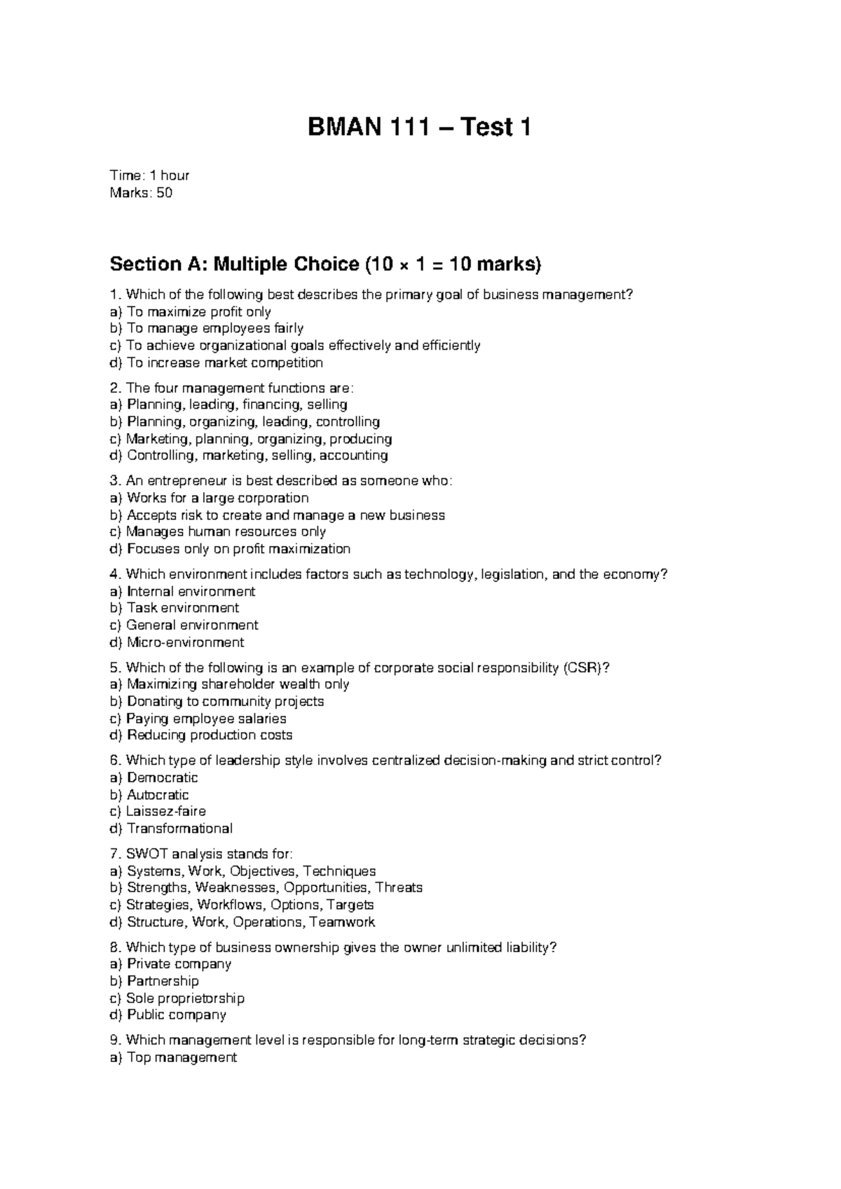 BMAN111 Test 1: Business Management Knowledge Assessment - Studocu