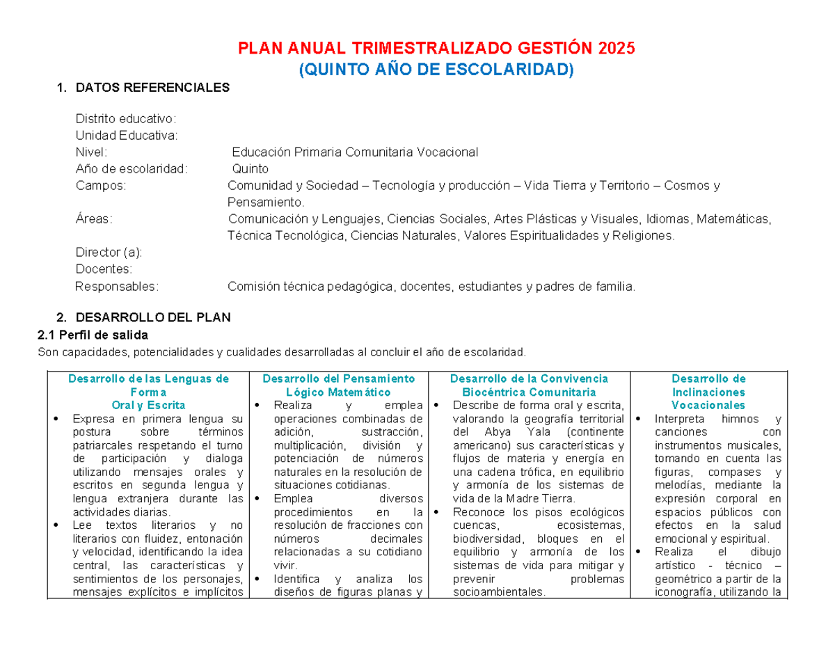 PAT 5to Primaria 2025: Plan Anual y Textos de Apoyo Educativo - Studocu