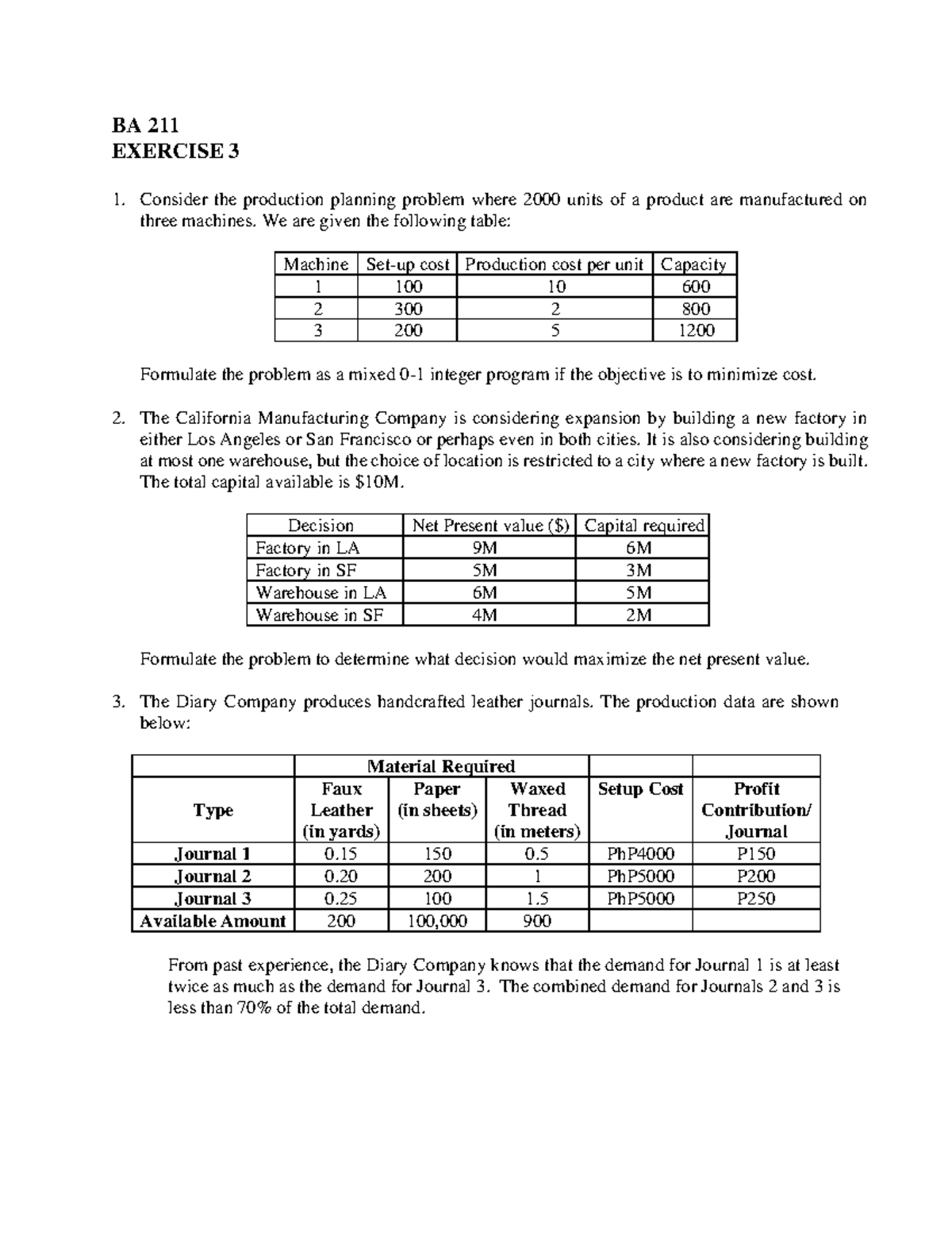 BA 211 Mixed Integer Programming: Exercise 3 Solutions and Formulations - Studocu