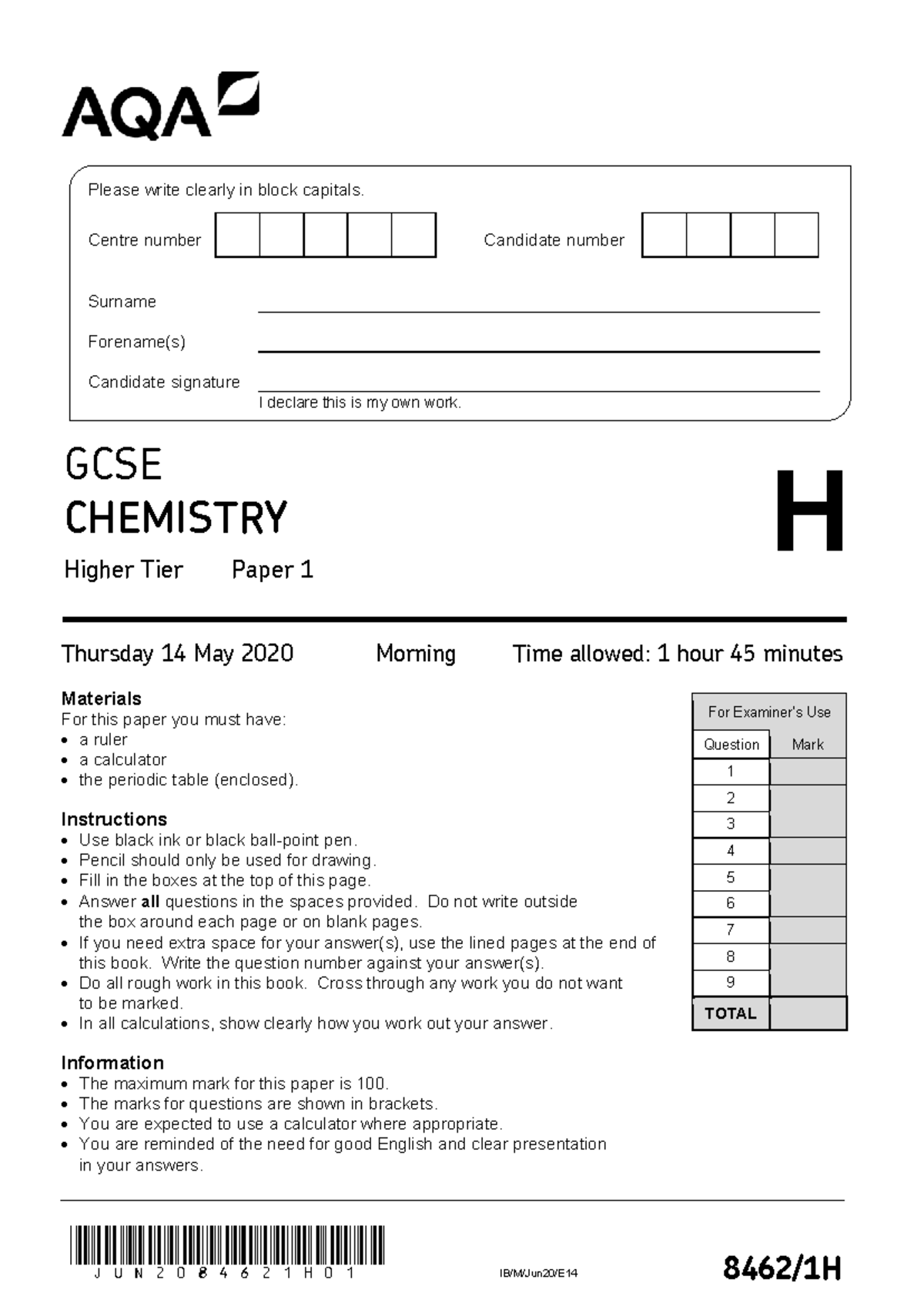 GCSE CHEMISTRY Higher Tier Paper 1 - June 2020 Past Exam Questions ...