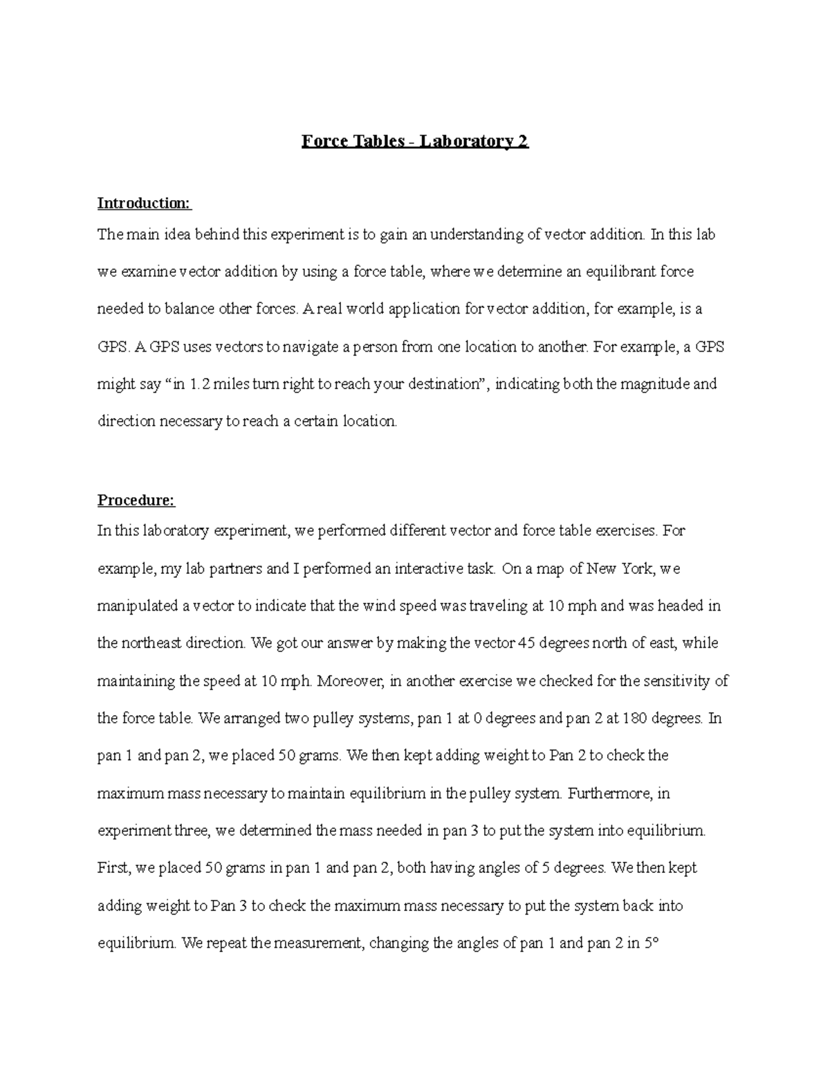 Force Tables - Laboratory 2 - In this lab we examine vector addition by ...